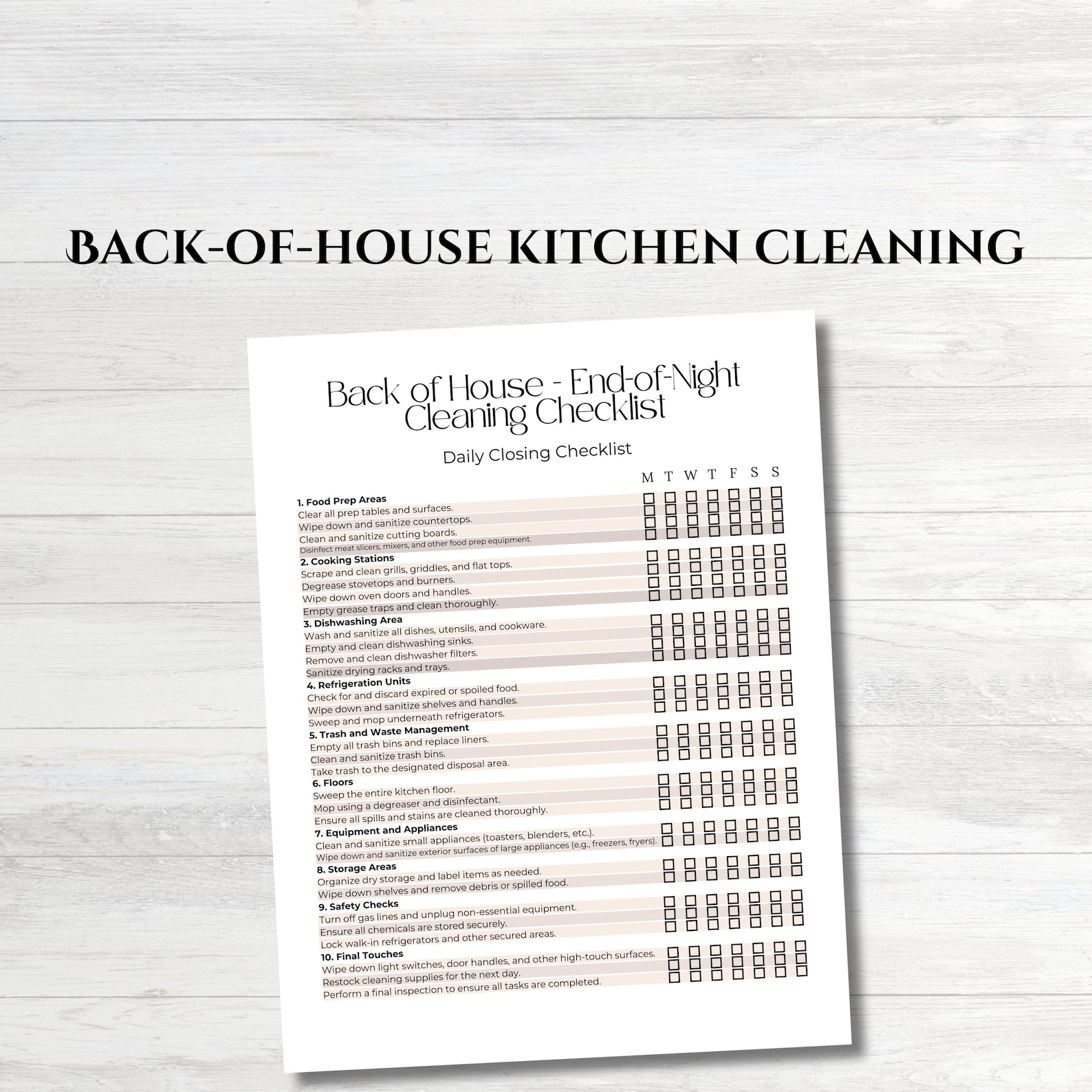 Back of House Cleaning Checklist, Restaurant Kitchen Cleaning, Nightly ...