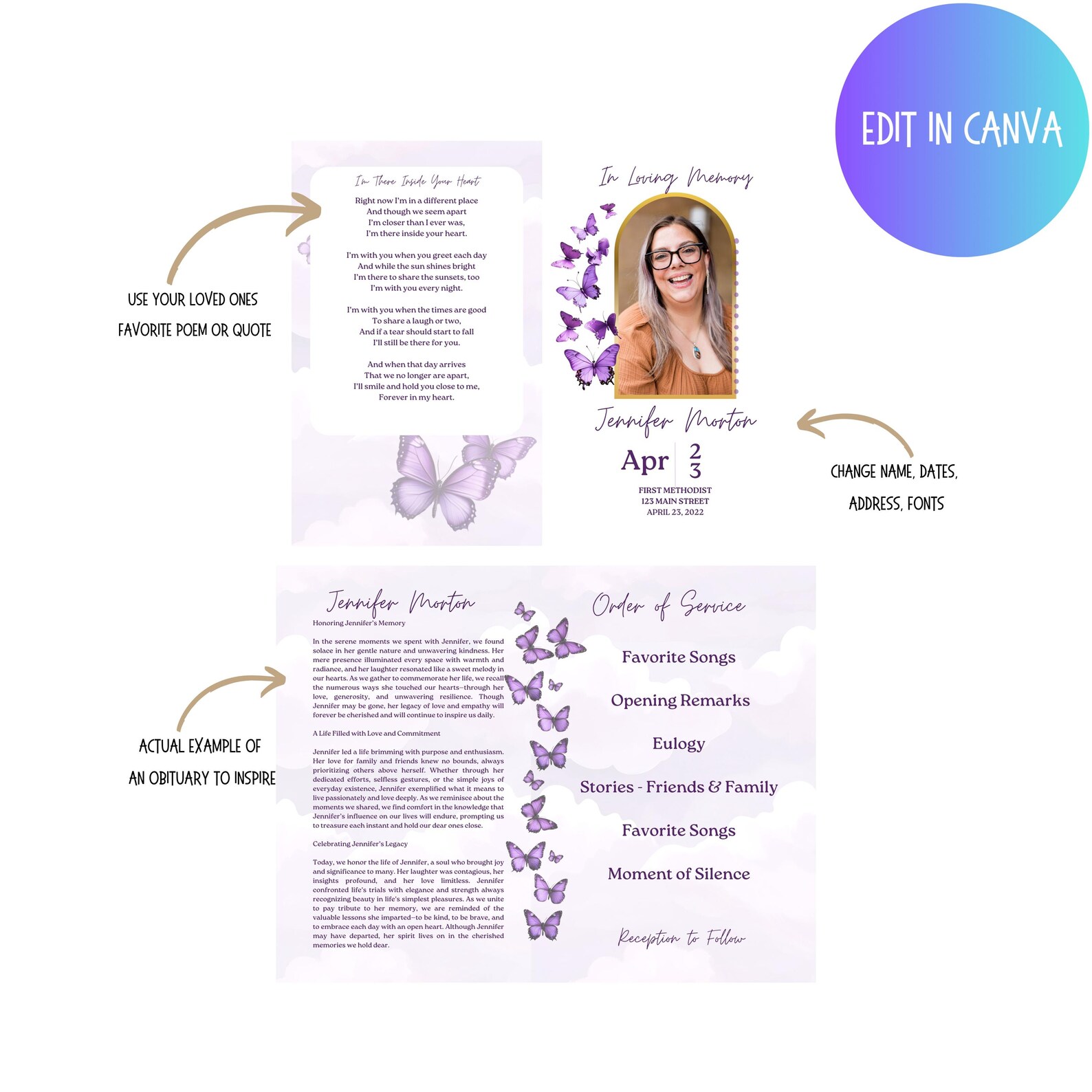 Purple Butterfly Funeral Program Template: Elegant Memorial (digital ...