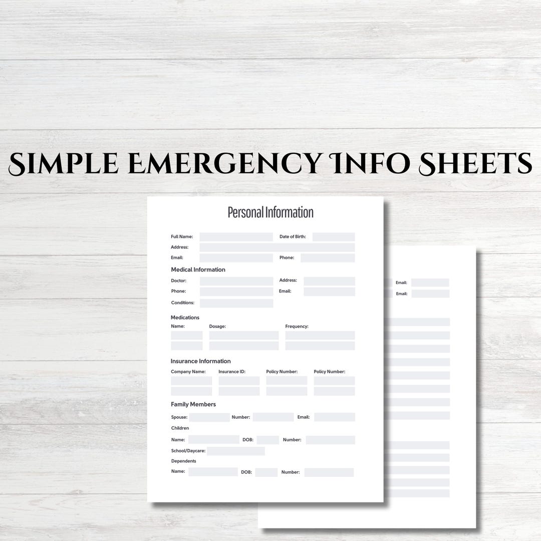 Simple Emergency Sheet, Personal Information Form, Emergency Contacts ...