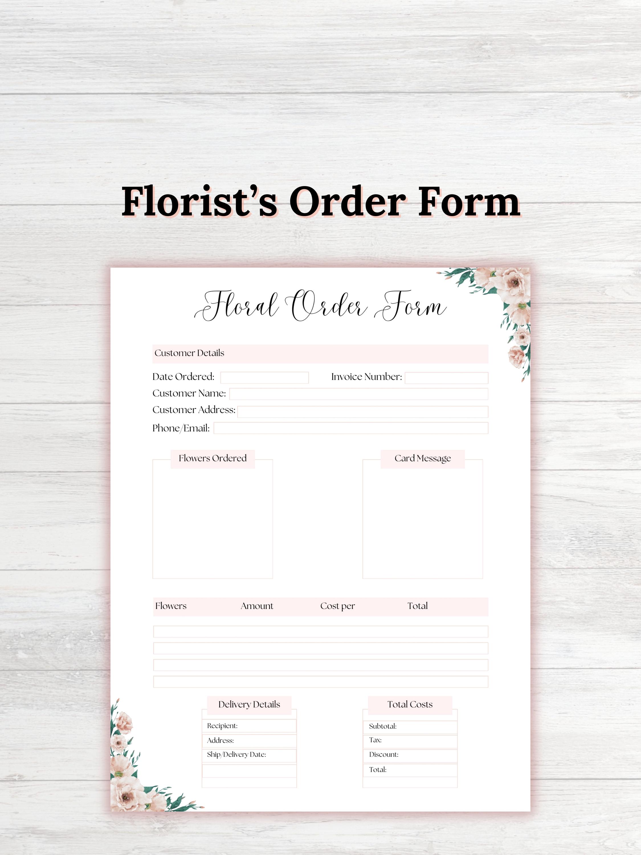 Florist Order Form, Florist Order, Florist Wedding Intake Form, Floral ...