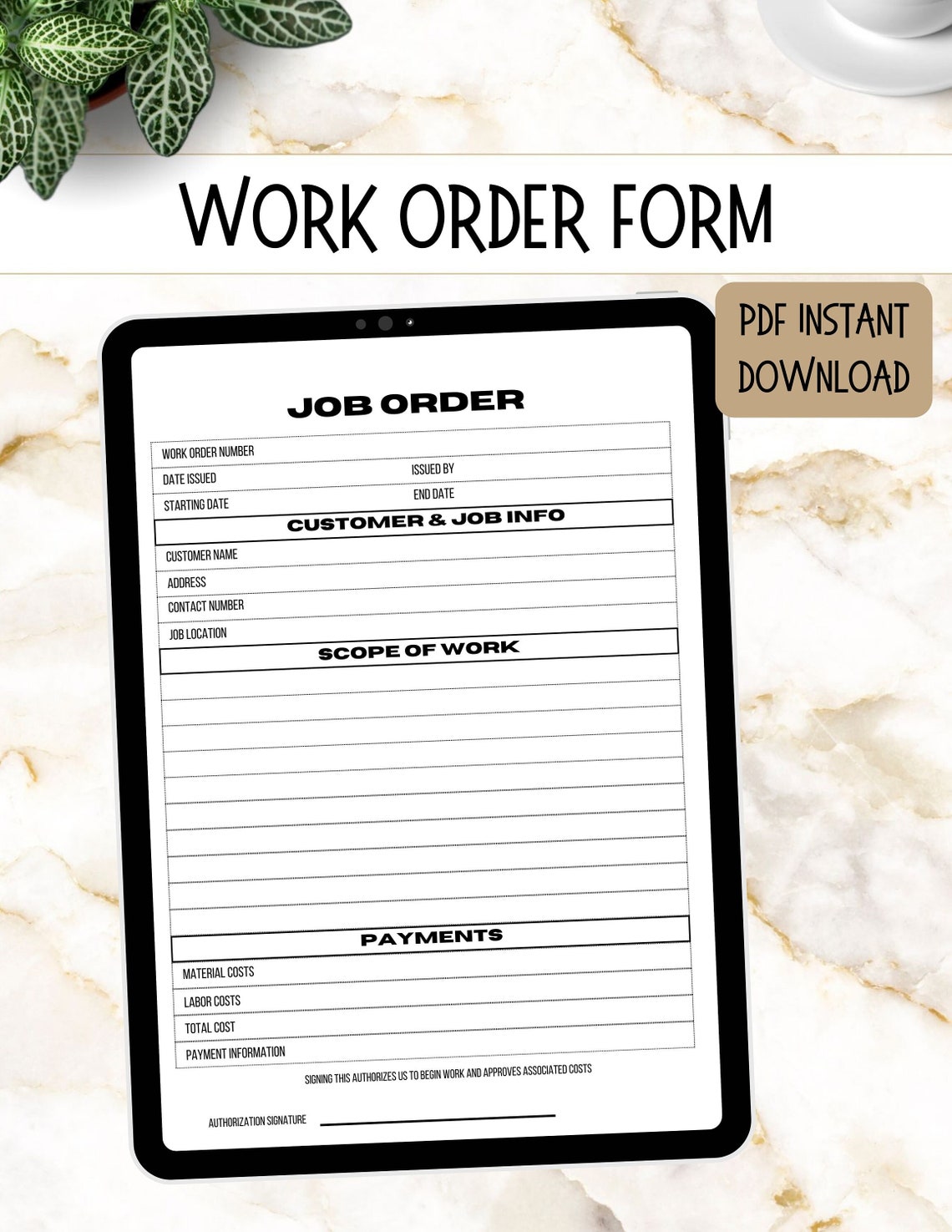 Job Order Form, Customer Order Form, Work Order Template, Printable ...