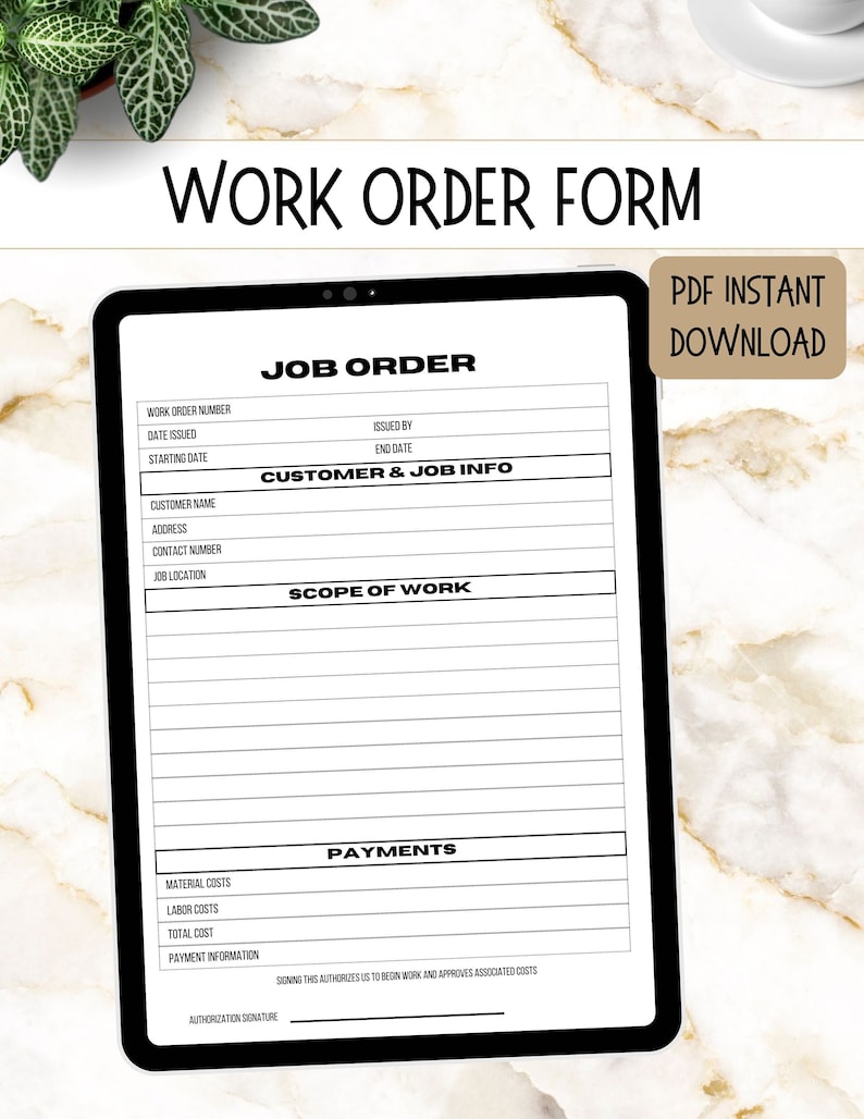 Job Order Form, Customer Order Form, Work Order Template, Printable ...