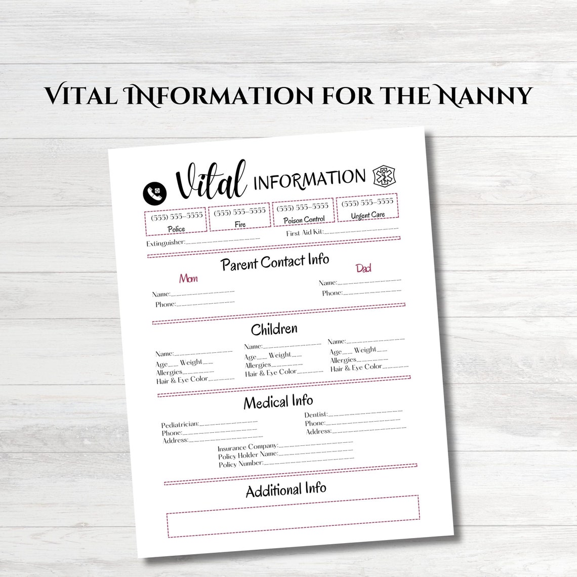 Nanny Emergency Contact Sheet: Babysitter Vital Information (editable ...