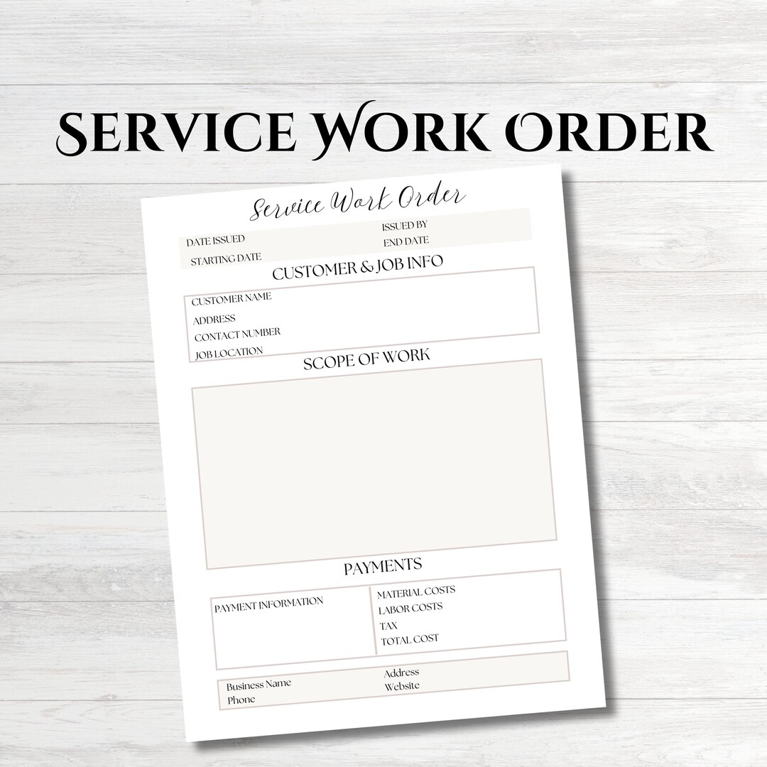 Service Work Order, Work Order Template, Work Order Form, Service Order ...