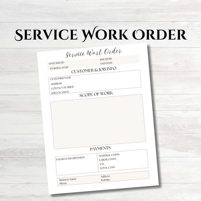 Service Work Order, Work Order Template, Work Order Form, Service Order ...