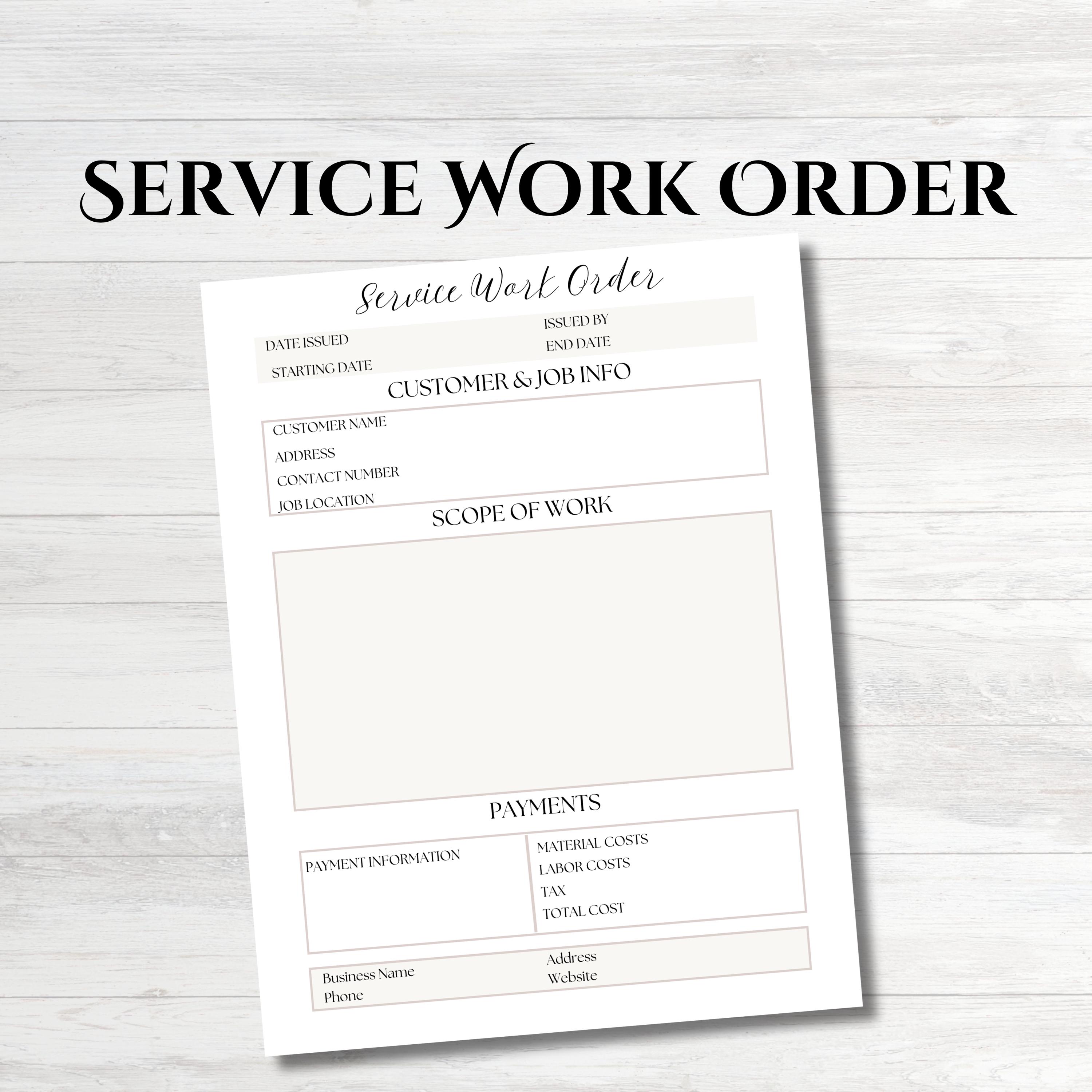 Service Work Order, Work Order Template, Work Order Form, Service Order ...