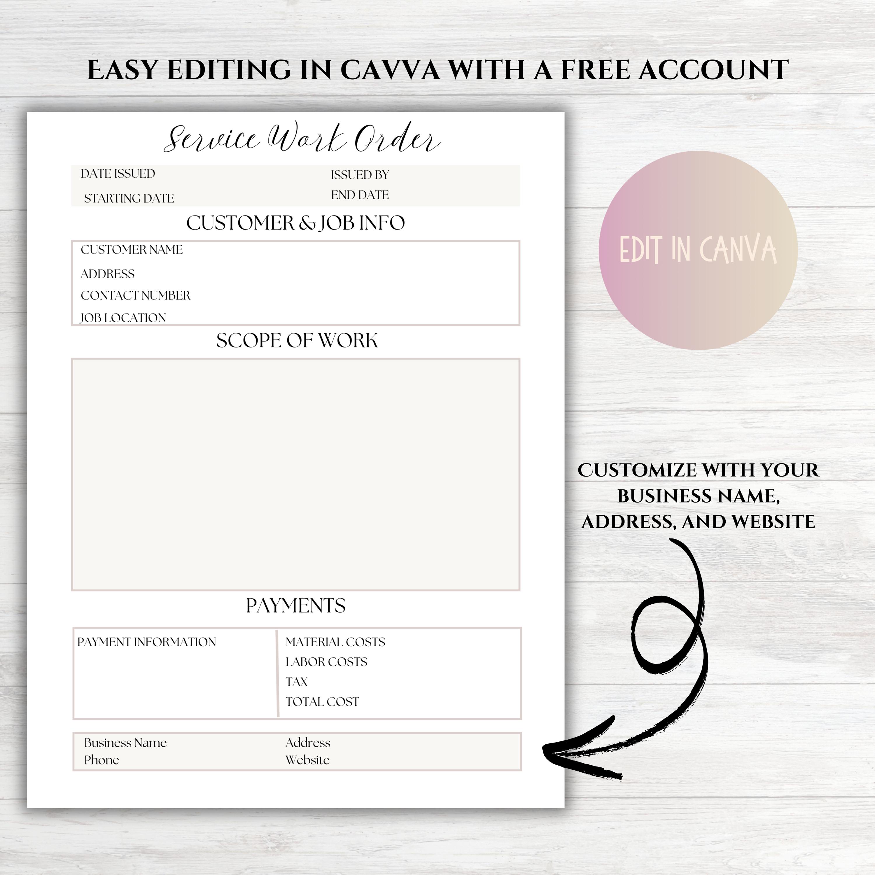 Service Work Order, Work Order Template, Work Order Form, Service Order ...