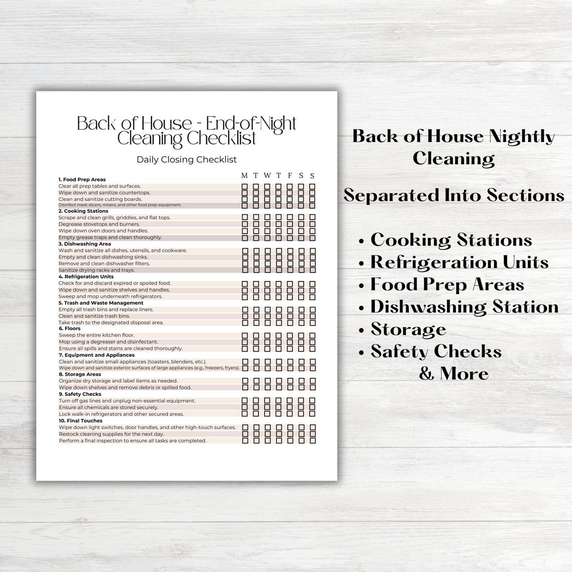 Back of House Cleaning Checklist, Restaurant Kitchen Cleaning, Nightly ...