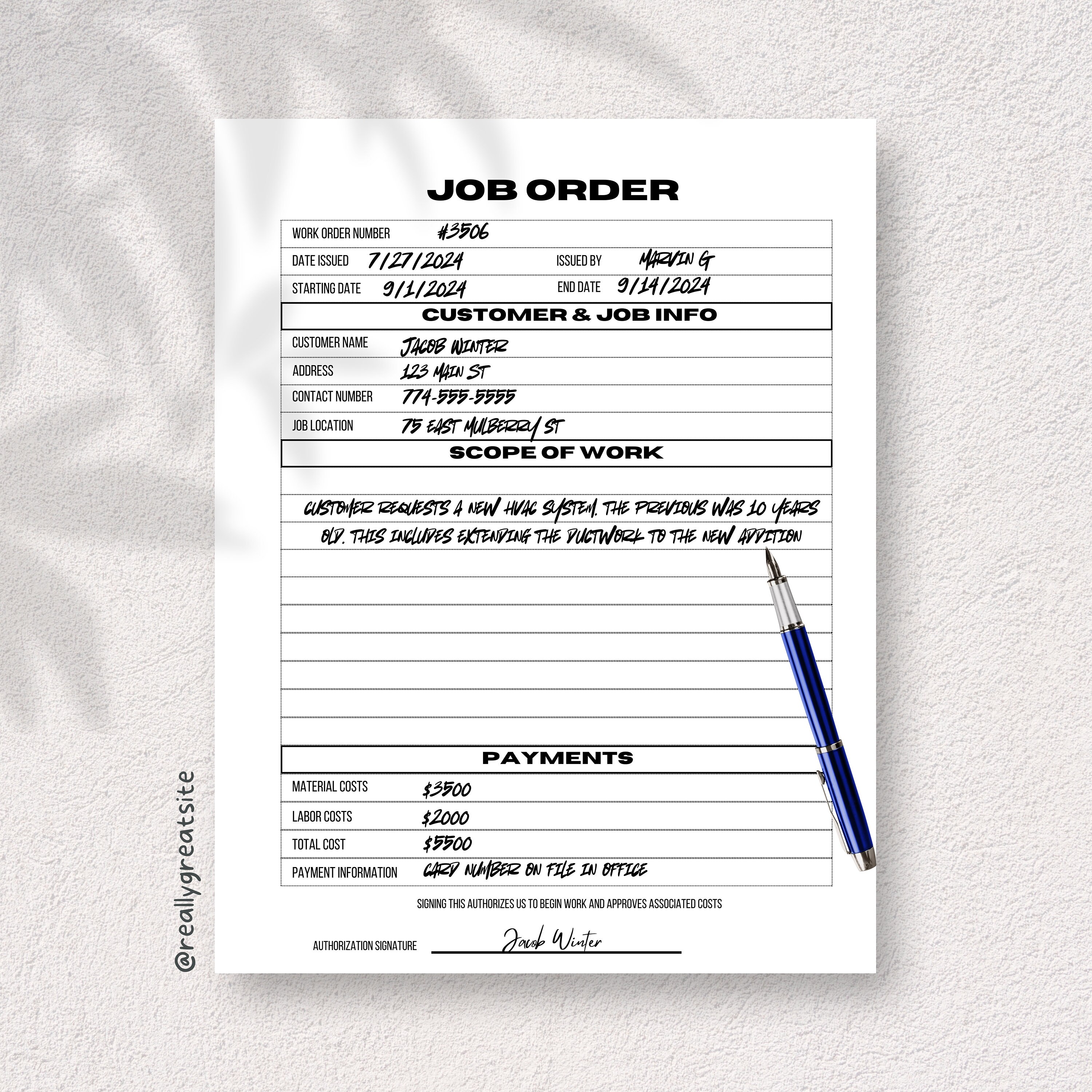 Job Order Form, Customer Order Form, Work Order Template, Printable ...