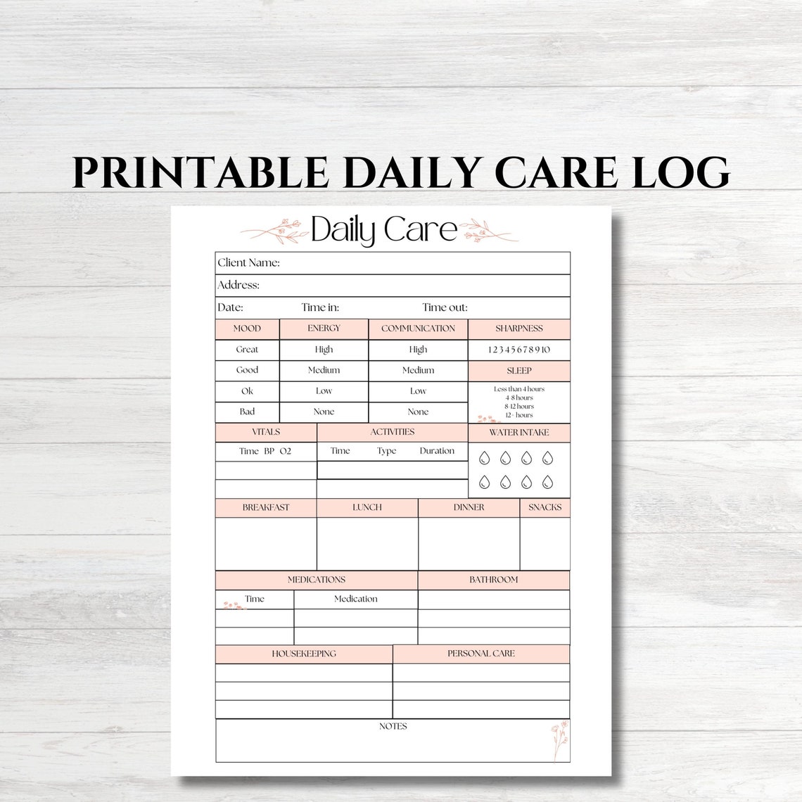 Caregiver Daily Log, Printable Patient Tracker, Senior Care Journal, Medical Log Sheet, Instant ...