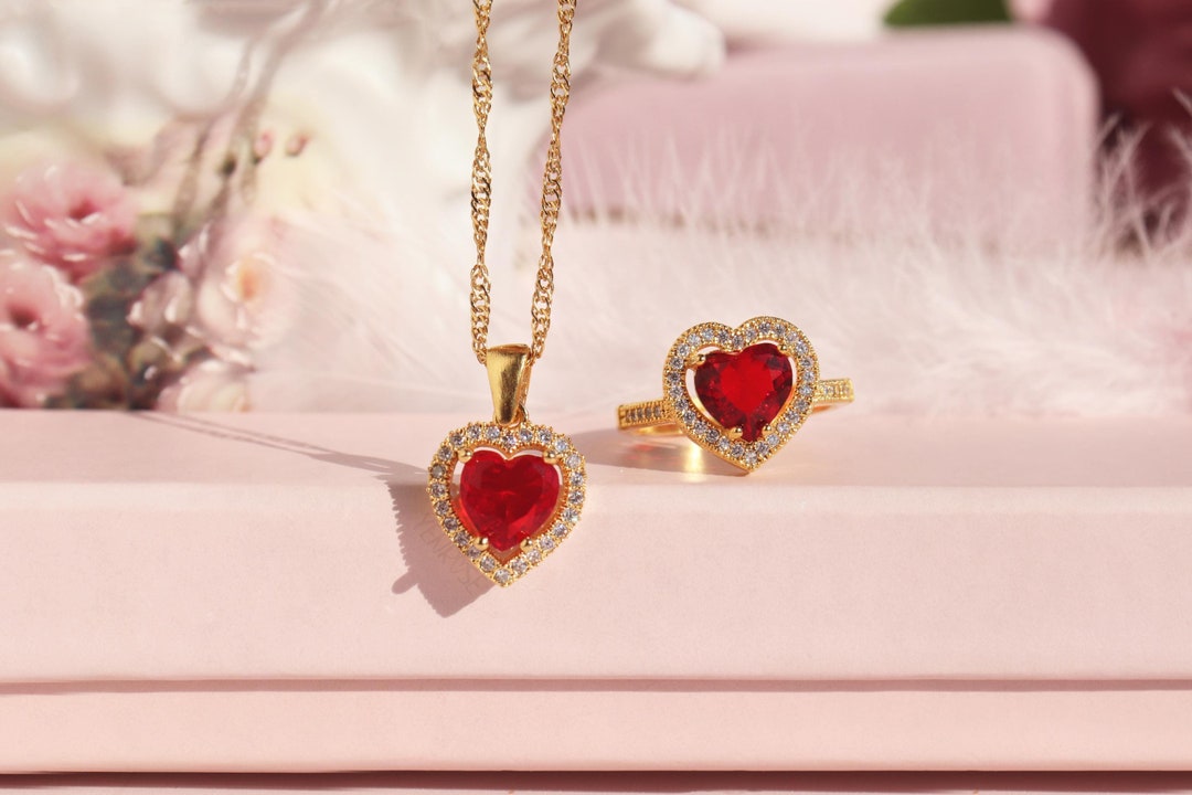Red Heart Necklace, Red Heart Ring, Love Jewelry, Gift for Her - Etsy