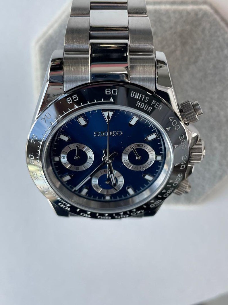 Seiko Mod Daytona, 39mm Automatic Mens Watch Dark Blue Dial, Blue Sub ...