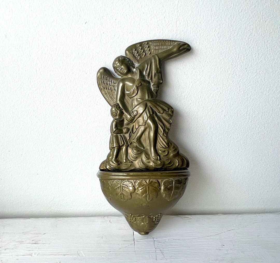 Vintage Brass Angel Holy Water Font Antique Catholic Stoup Wall Pocket ...