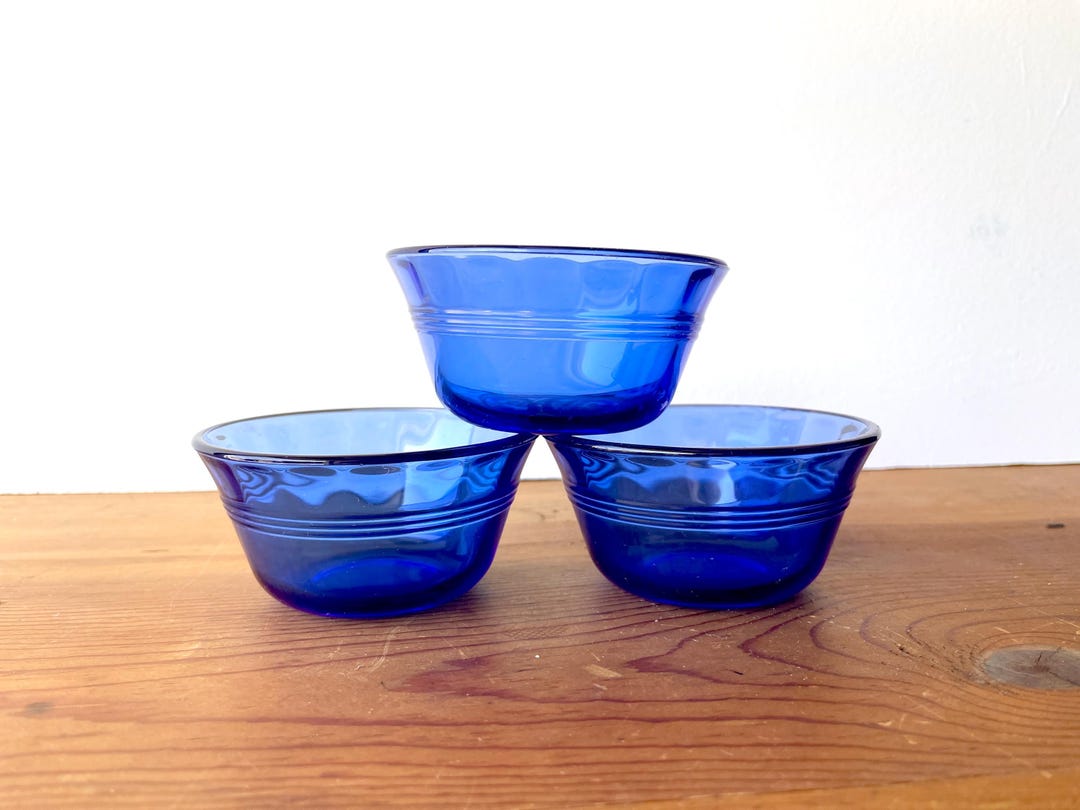 Vintage Cobalt Pyrex Ramekins Set of 3 Small Blue Glass Bowls Custard ...