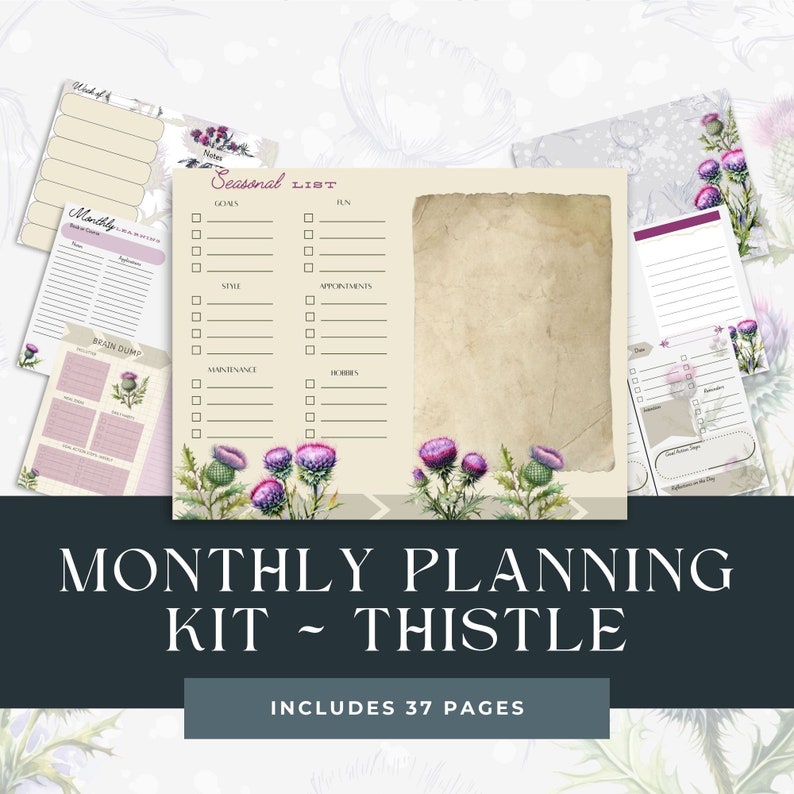 Thistle Monthly Planner Bundle , Junk Journal, Planner Printable, Purple Planner Kit, Daily and ...