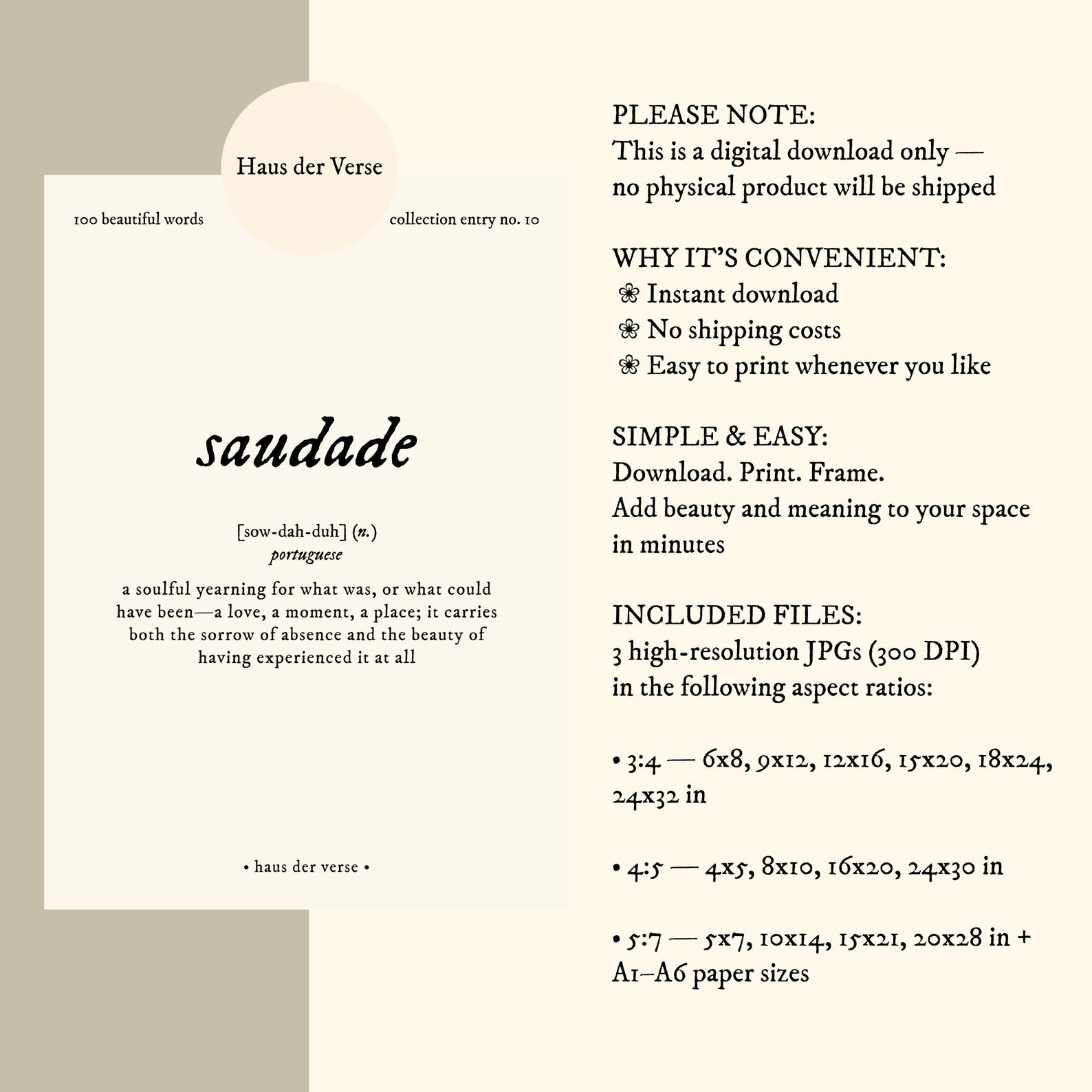 Saudade, 100 Beautiful Words Collection, Digital Print, Definition ...
