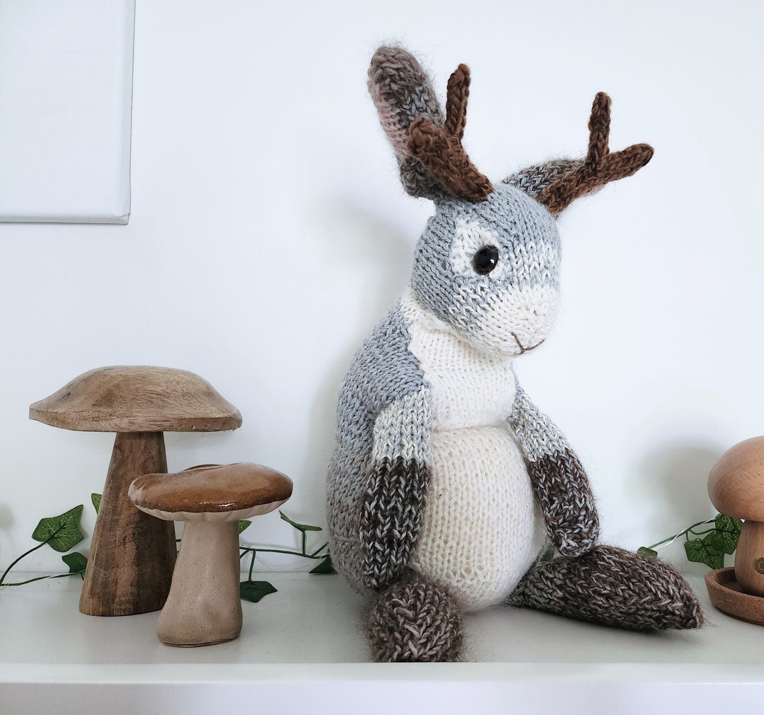 Weighted Plush Jackalope Custom Handmade Knitted Rabbit, Fantasy Plush ...