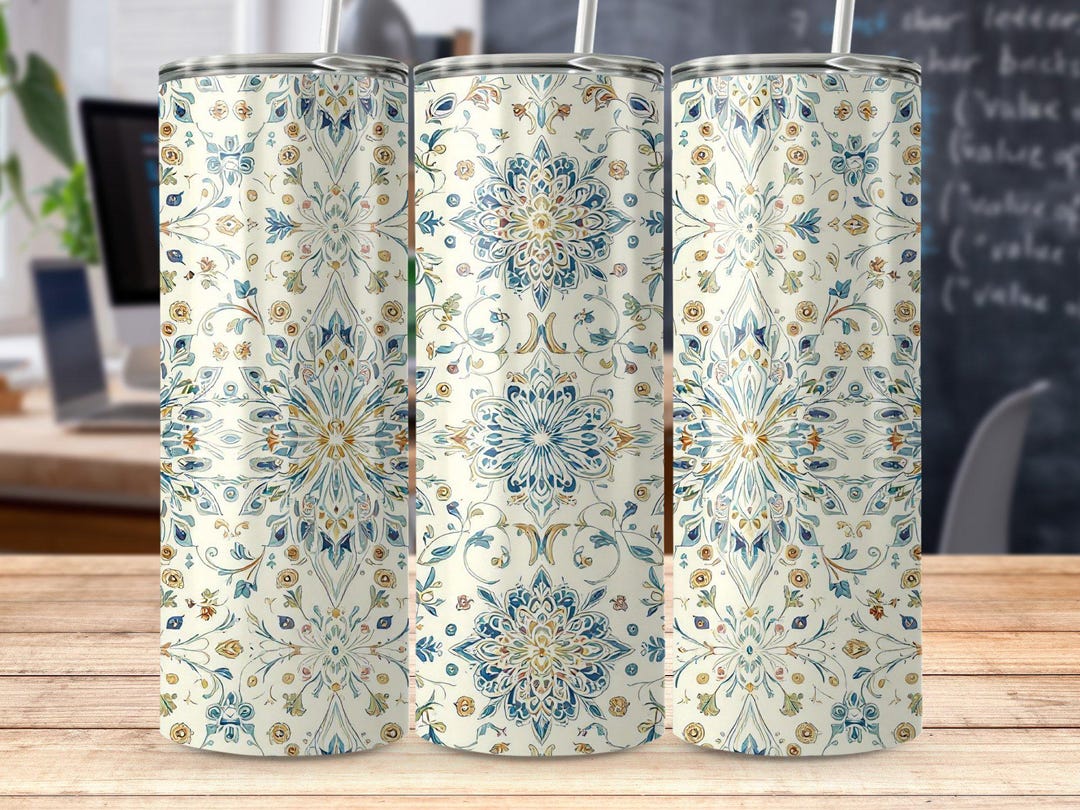 Floral Mandala Tumbler Wrap: Blue & White Sublimation Design (digital ...