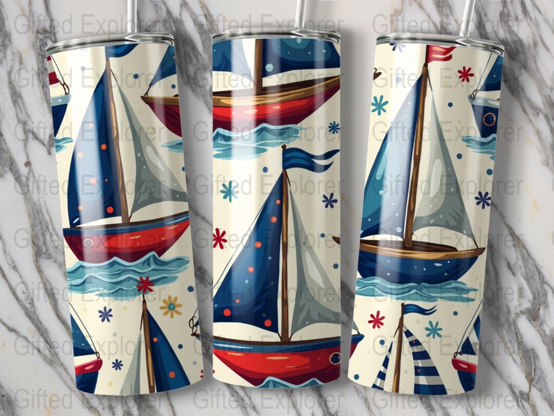 Nautical Sailboat Digital Tumbler Wrap, Vintage Boat Illustration 20oz ...