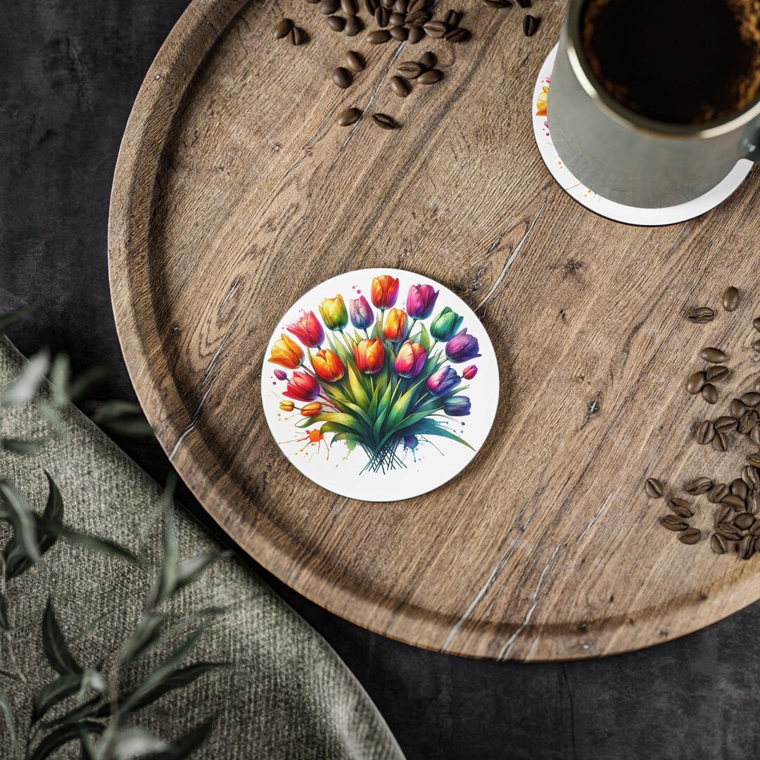 Vibrant Watercolor Paint Tulips Cork Coaster - Colorful Floral Art Home ...