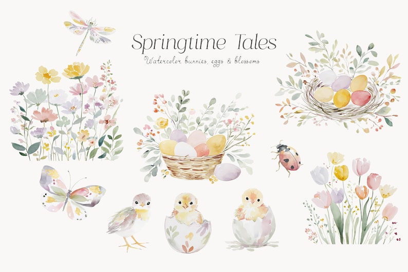 Springtime Watercolor Easter Set: Wildflowers, Bunnies, Baby Chicks ...