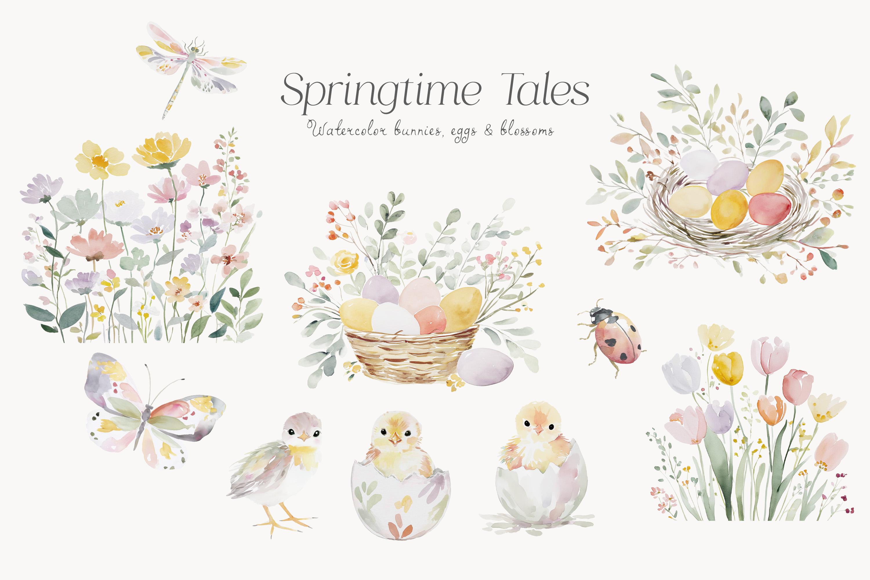 Springtime Watercolor Easter Set: Wildflowers, Bunnies, Baby Chicks ...