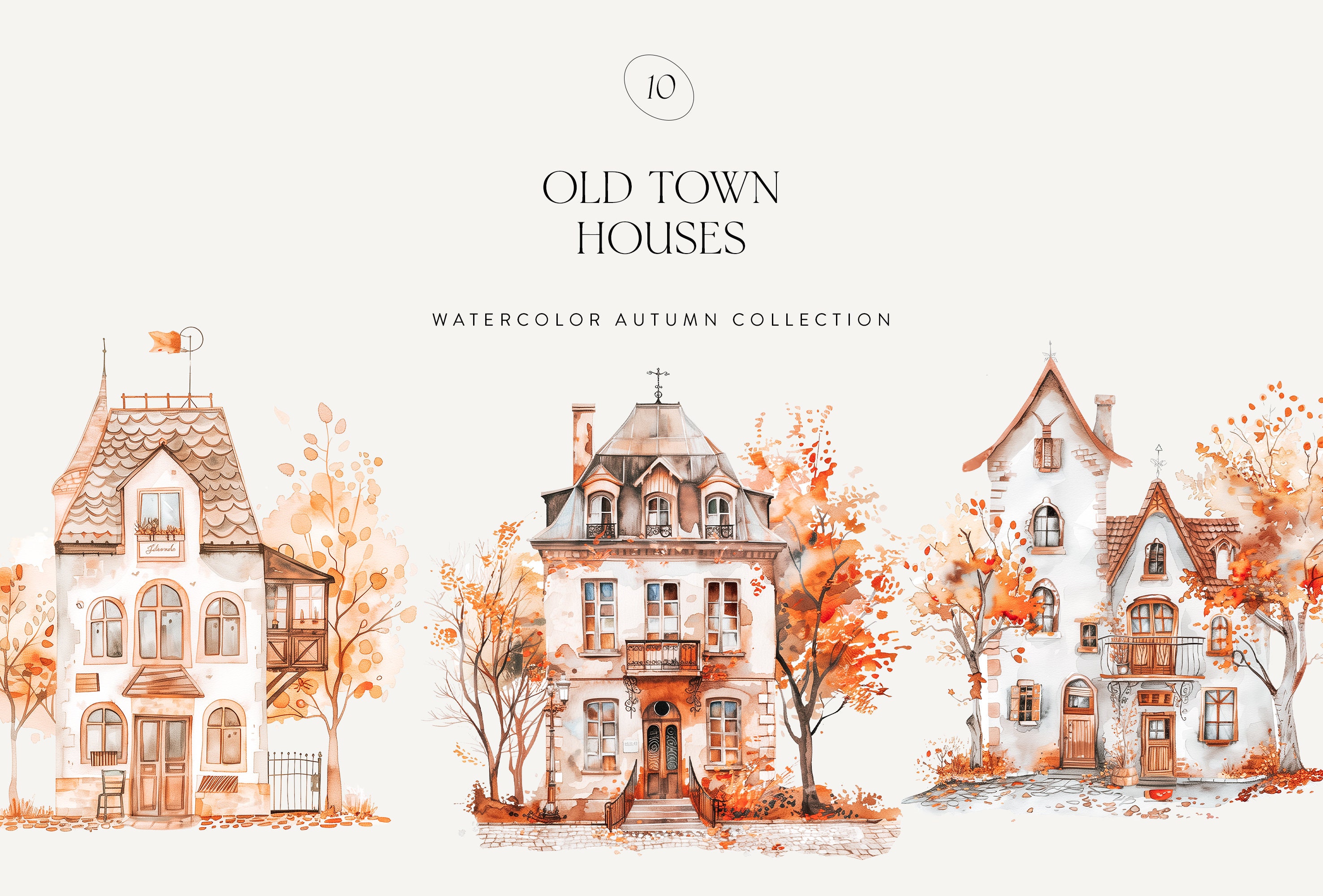 Watercolor Clipart, Autumn Clipart, Fall City Scenes, Houses Clipart ...