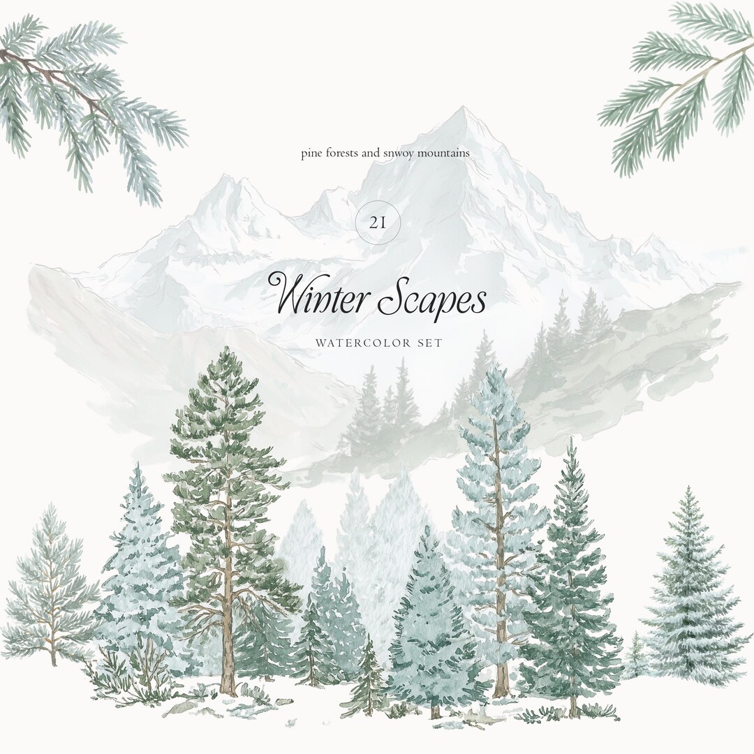 Watercolor Winter Scapes Clipart: Pine Forest, Mountain Scenes - Etsy