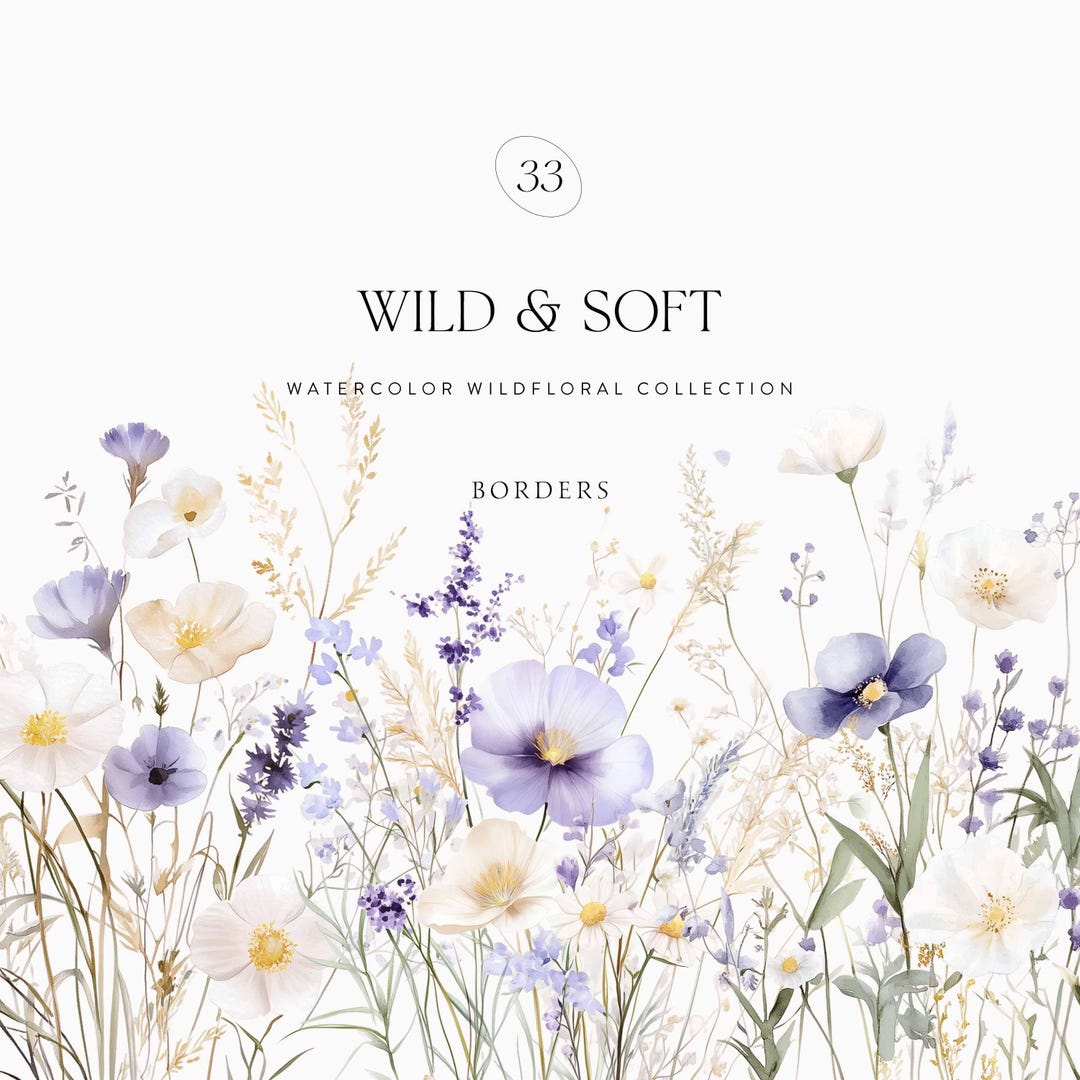 Watercolor Floral Borders, Dusty Blue Wildflowers Border, White and ...