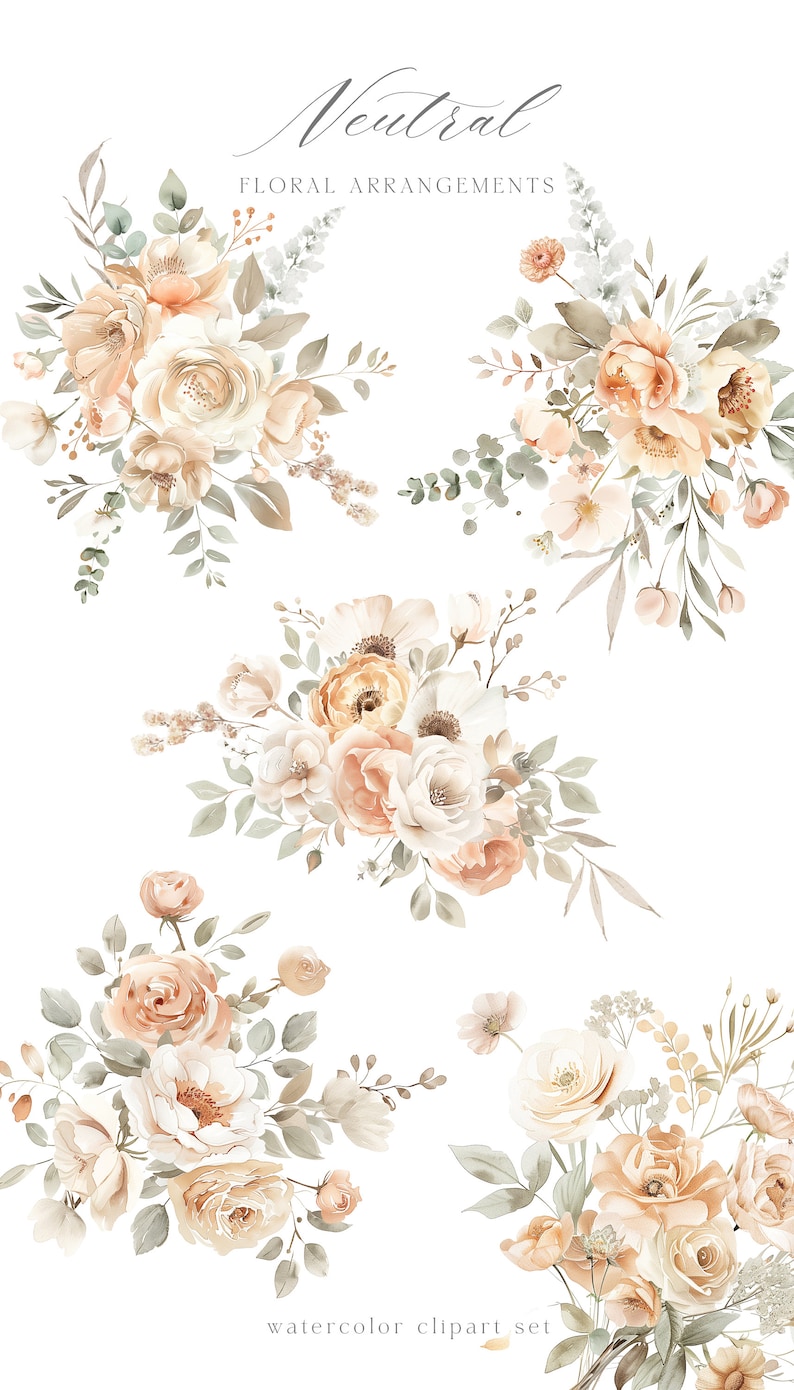 Watercolor Neutral Floral Clipart, Floral Arrangements, Floral Bouquets ...