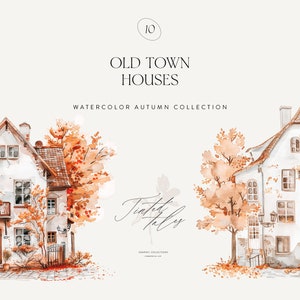 Watercolor Clipart, Autumn Clipart, Fall City Scenes, Houses Clipart ...