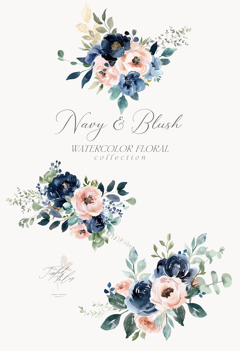 Watercolor Navy and Blush Floral Bouquets Clipart, Watercolor Blush ...