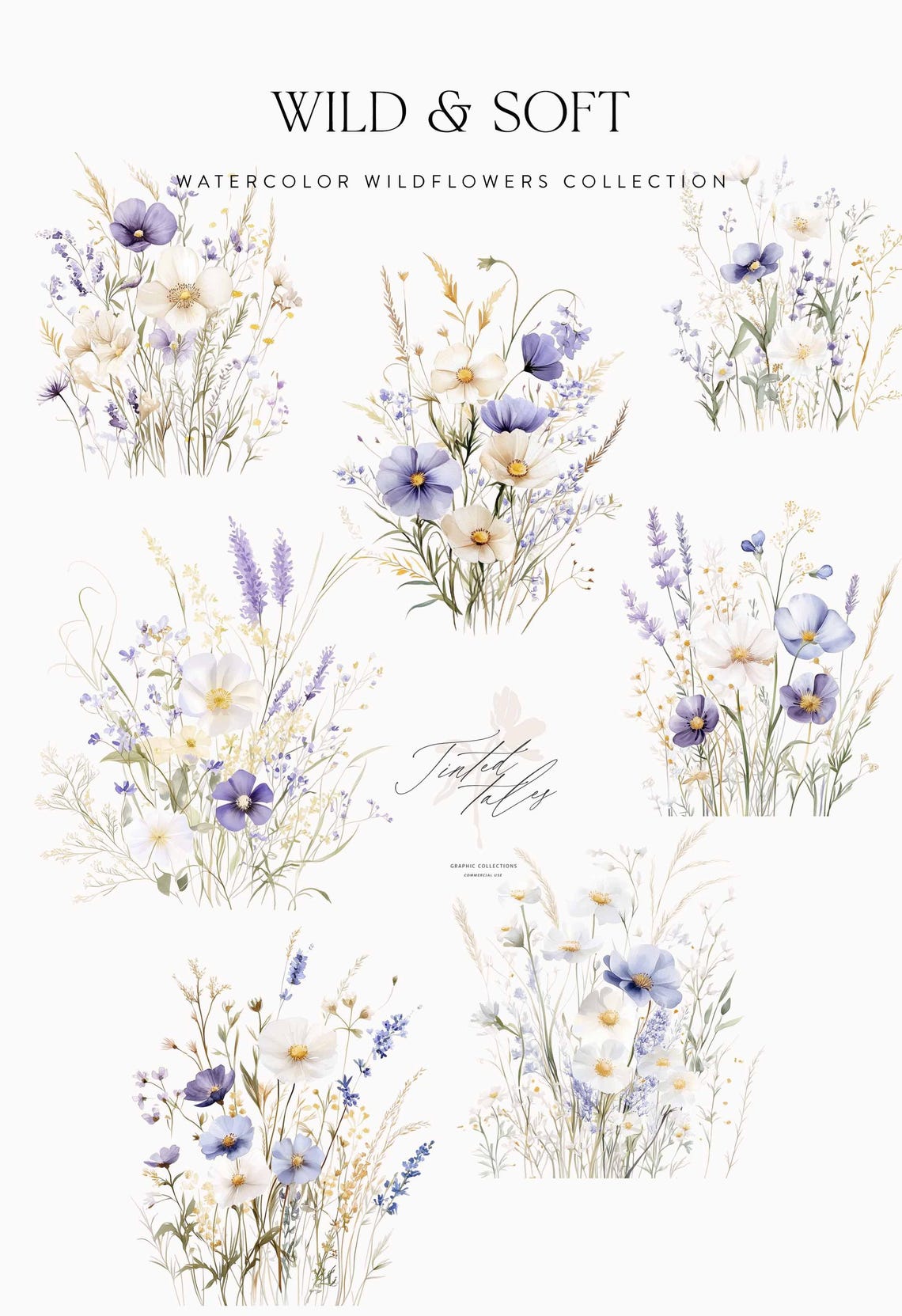 Watercolor Floral Borders, Dusty Blue Wildflowers Border, White and ...