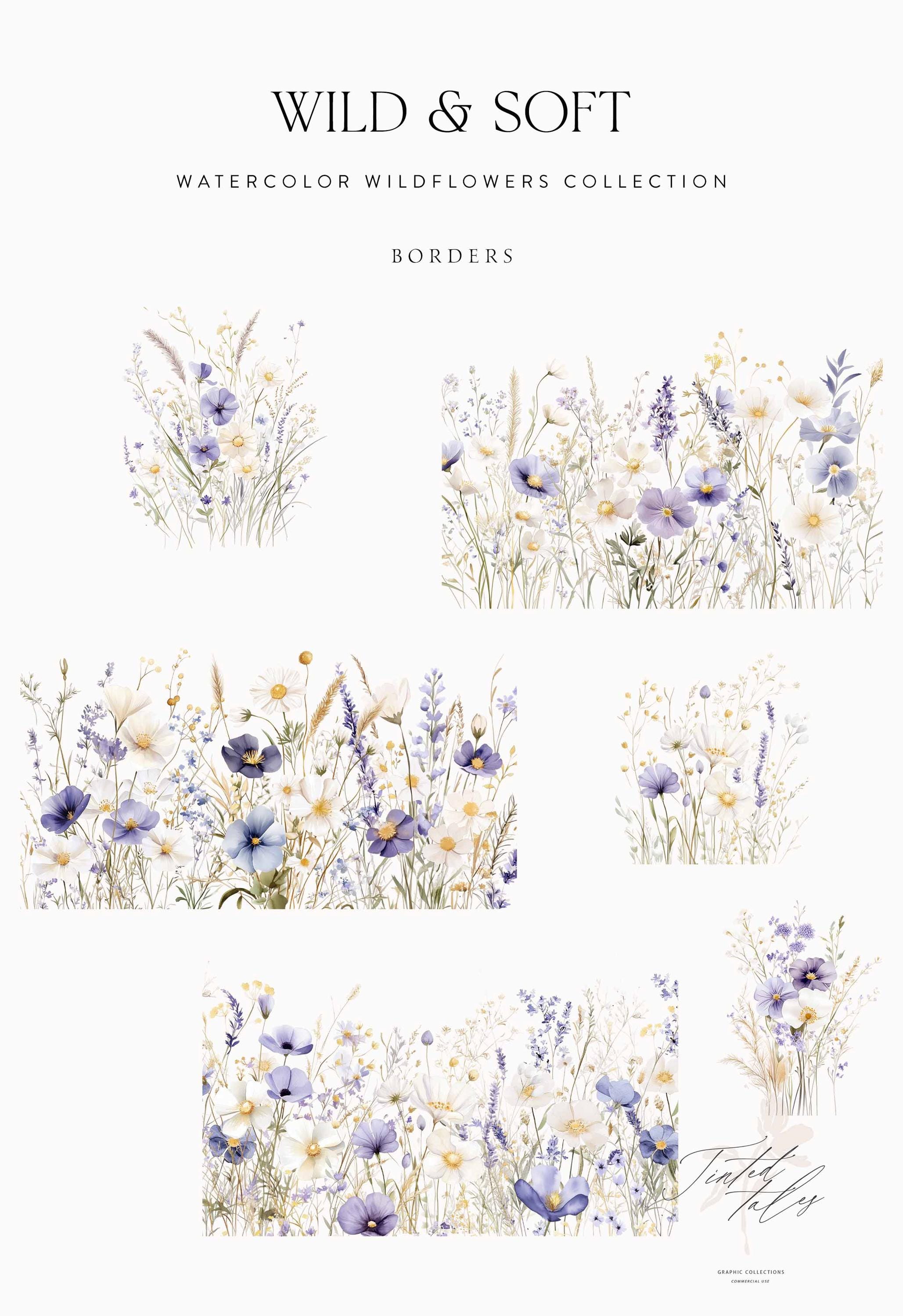 Watercolor Wildflower Borders: Dusty Blue & Violet Florals (PNG Digital ...