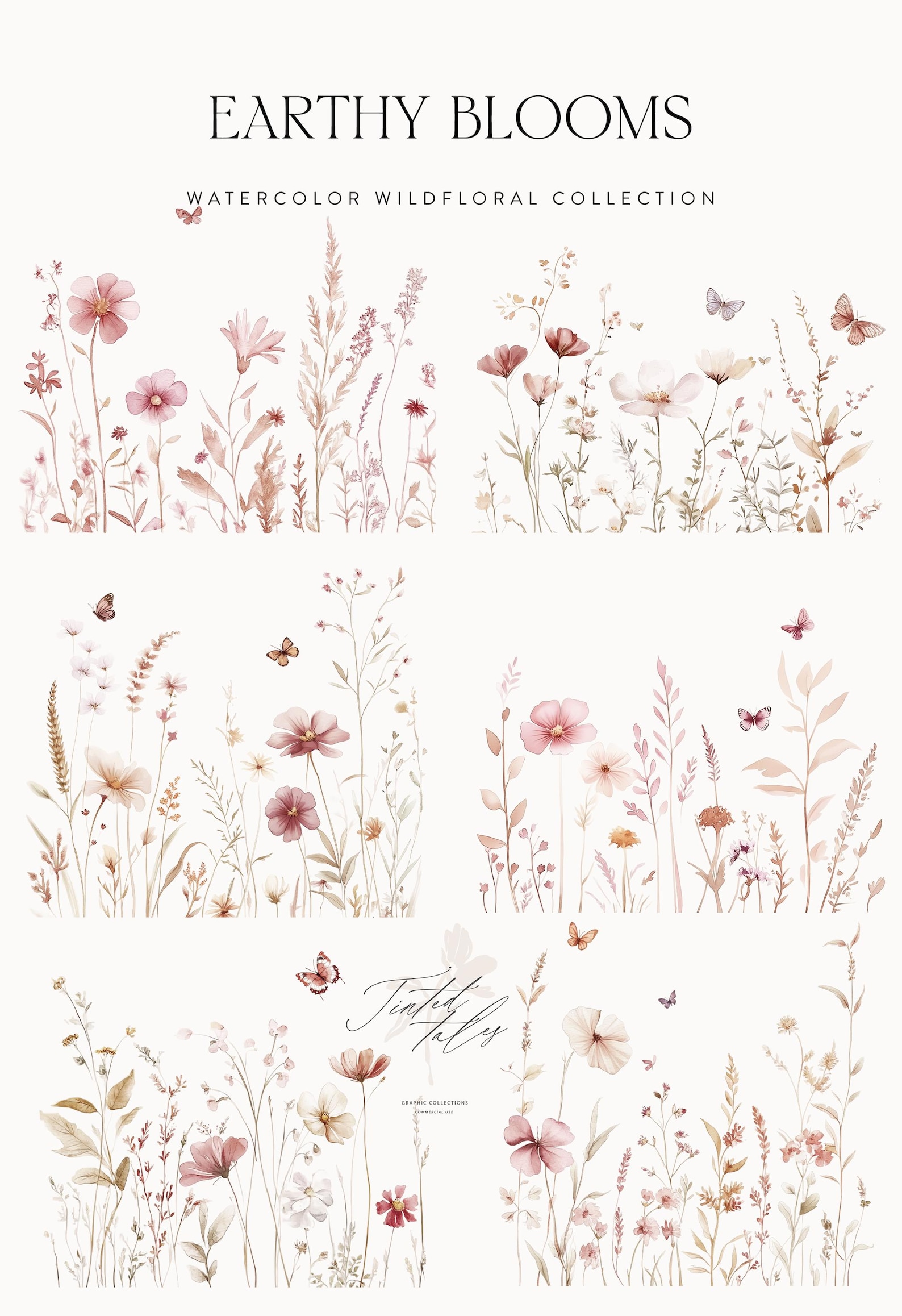 Watercolor Floral Borders: Earthy Wildflower Clipart (PNG, PDF) - Etsy