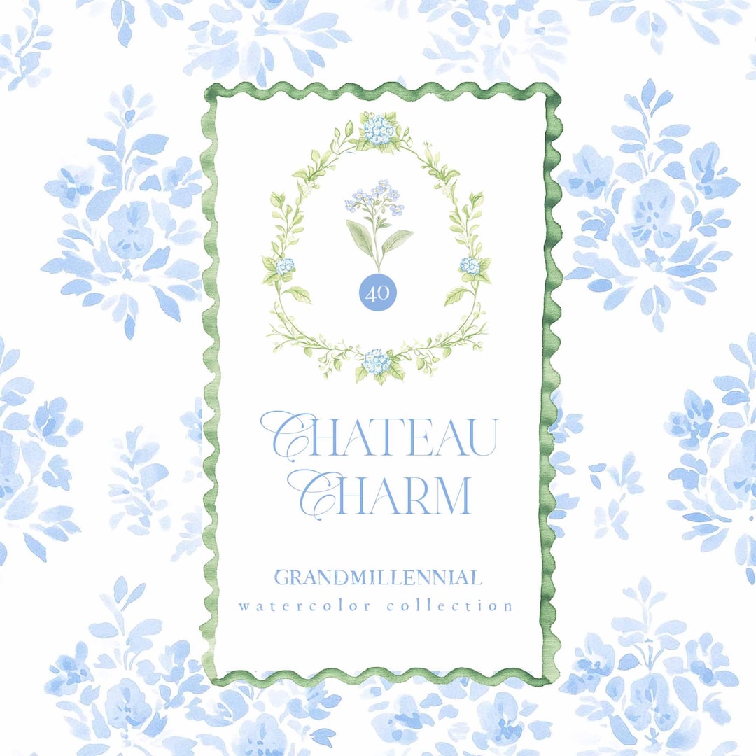 Watercolor Grandmillennial Clipart: Blue Floral Crests, Frames, Wreaths ...