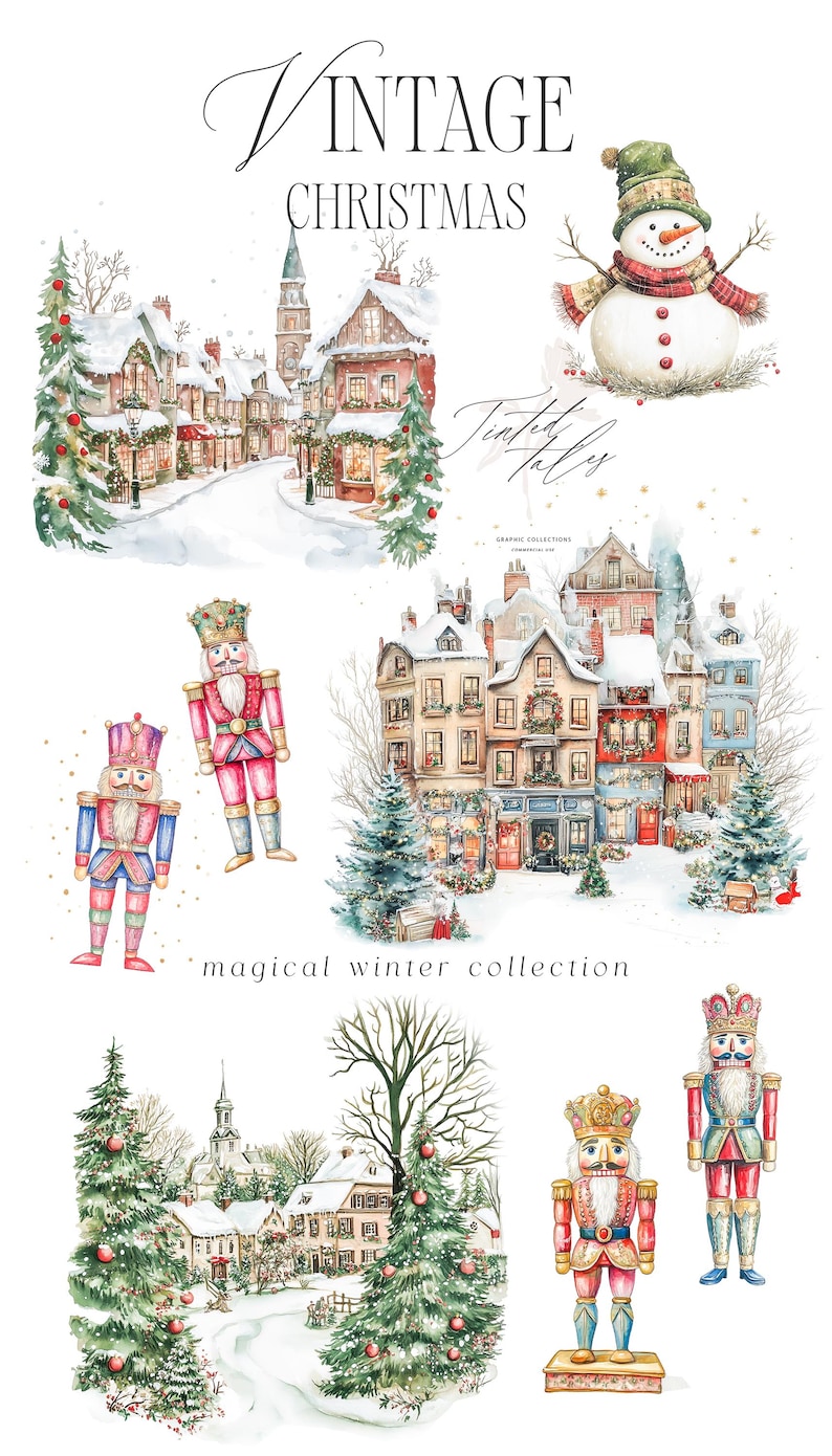 Watercolor Christmas Clipart: Vintage Santa, Snowman, Nutcracker ...