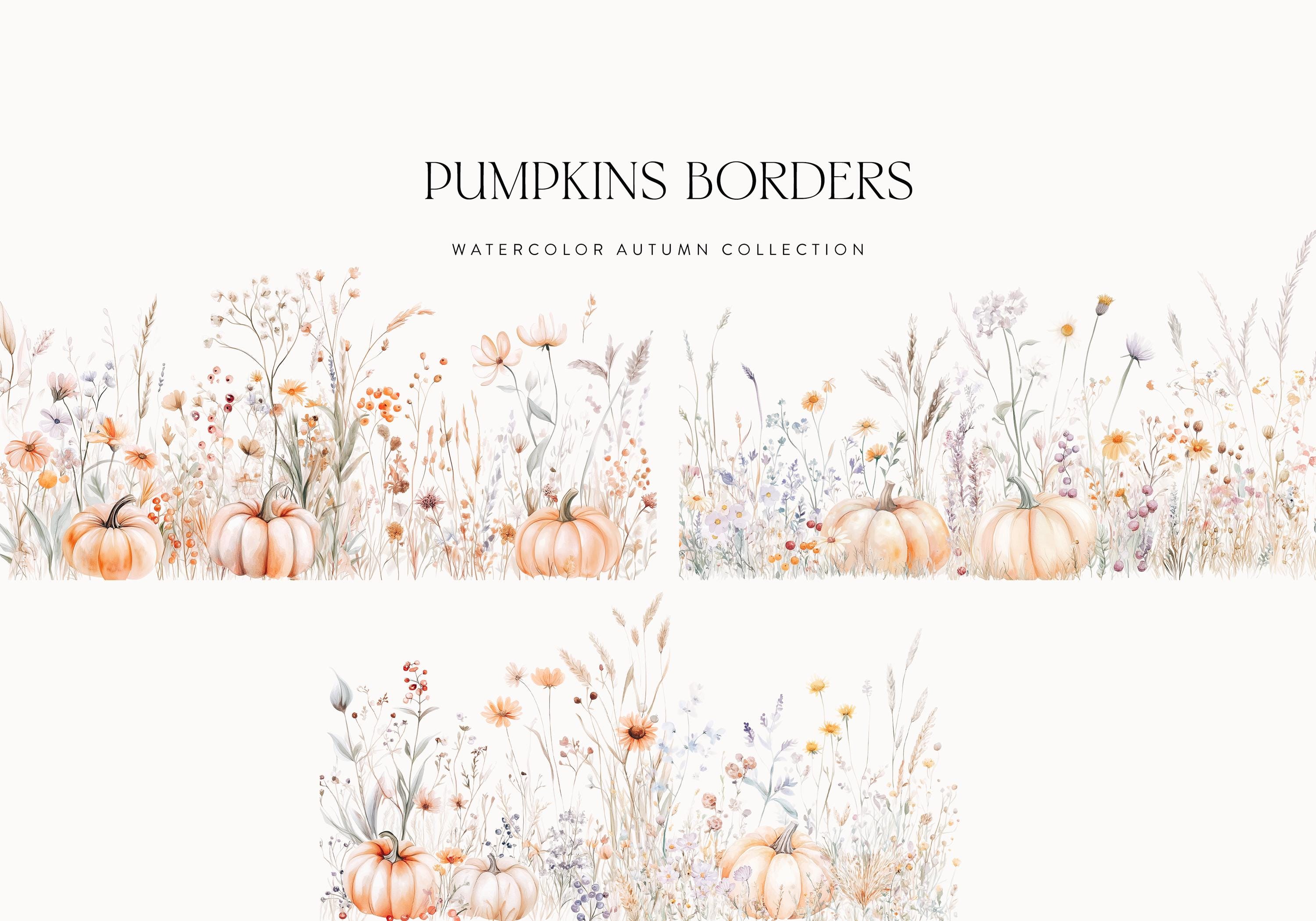Watercolor Autumn Pumpkin Border Clipart: Floral Fall Design (digital ...