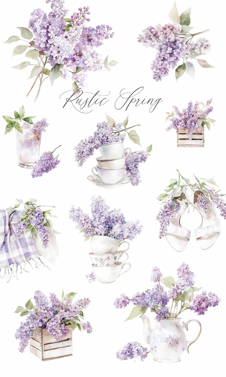 Watercolor Spring Clipart: Rustic Easter Bunny, Lilac Bouquets (digital ...