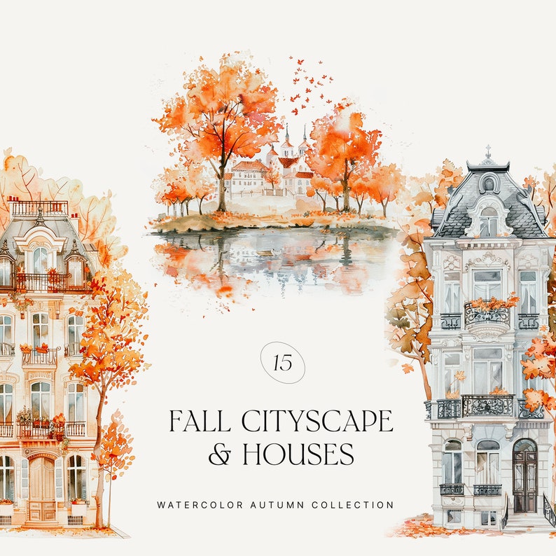 Watercolor Clipart, Autumn Clipart, Fall City Scapes, Houses Clipart ...