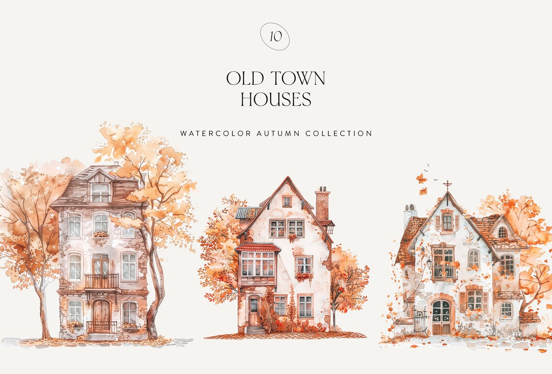 Watercolor Clipart, Autumn Clipart, Fall City Scenes, Houses Clipart ...