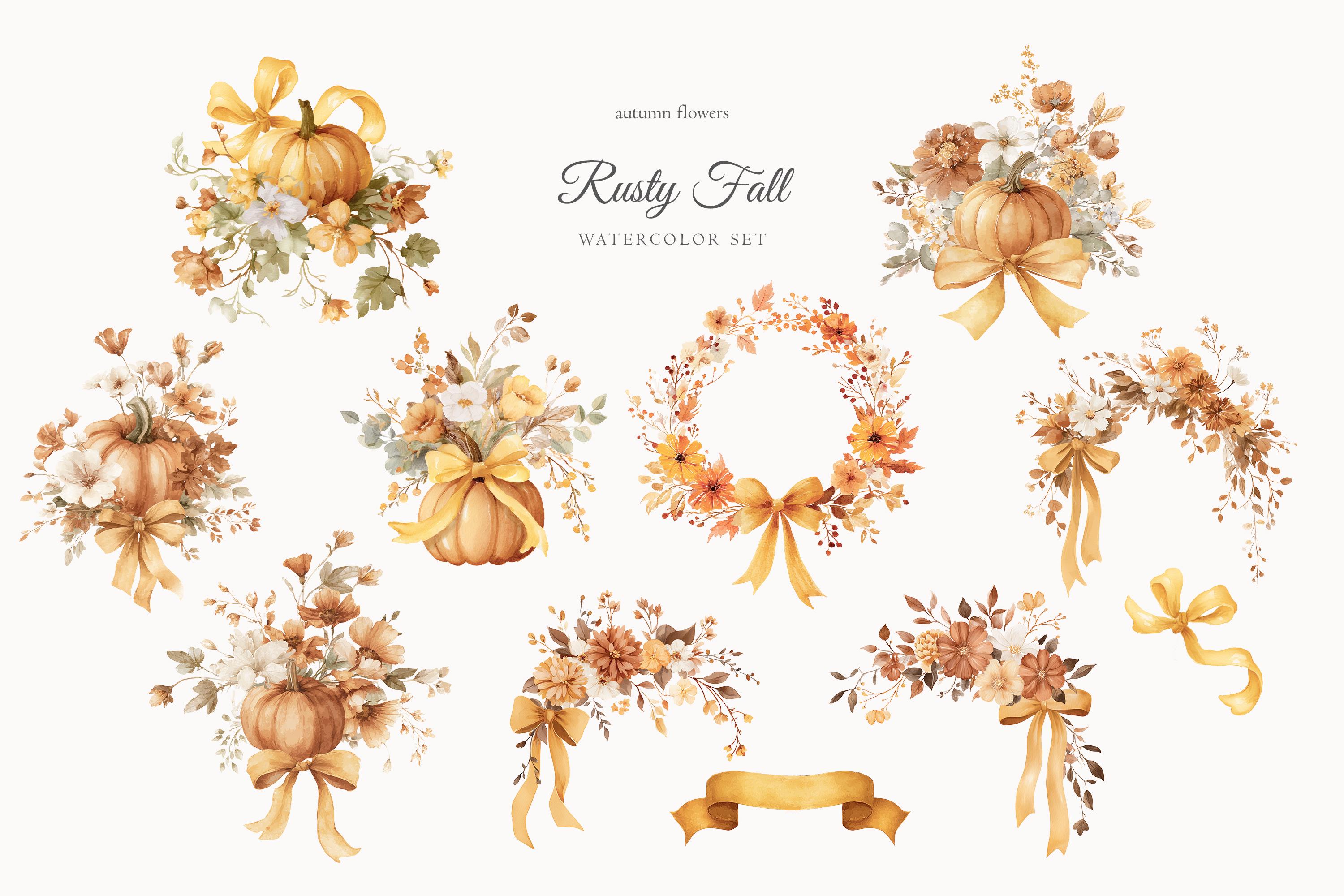 Watercolor Fall Floral Clipart Set: Autumn Wreaths, Bouquets (unlimited ...