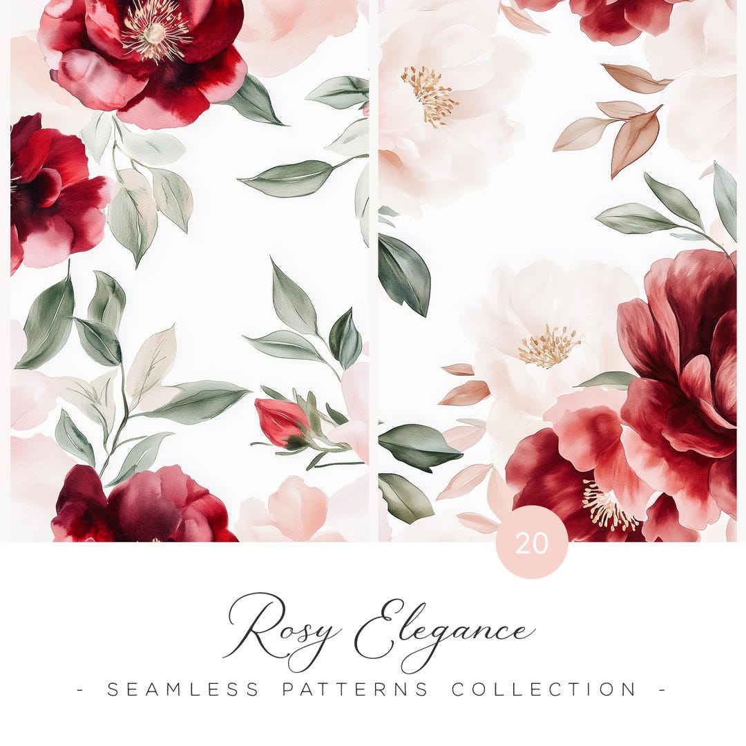 Watercolor Floral Seamless Patterns: Blush Peony & Burgundy Rose ...