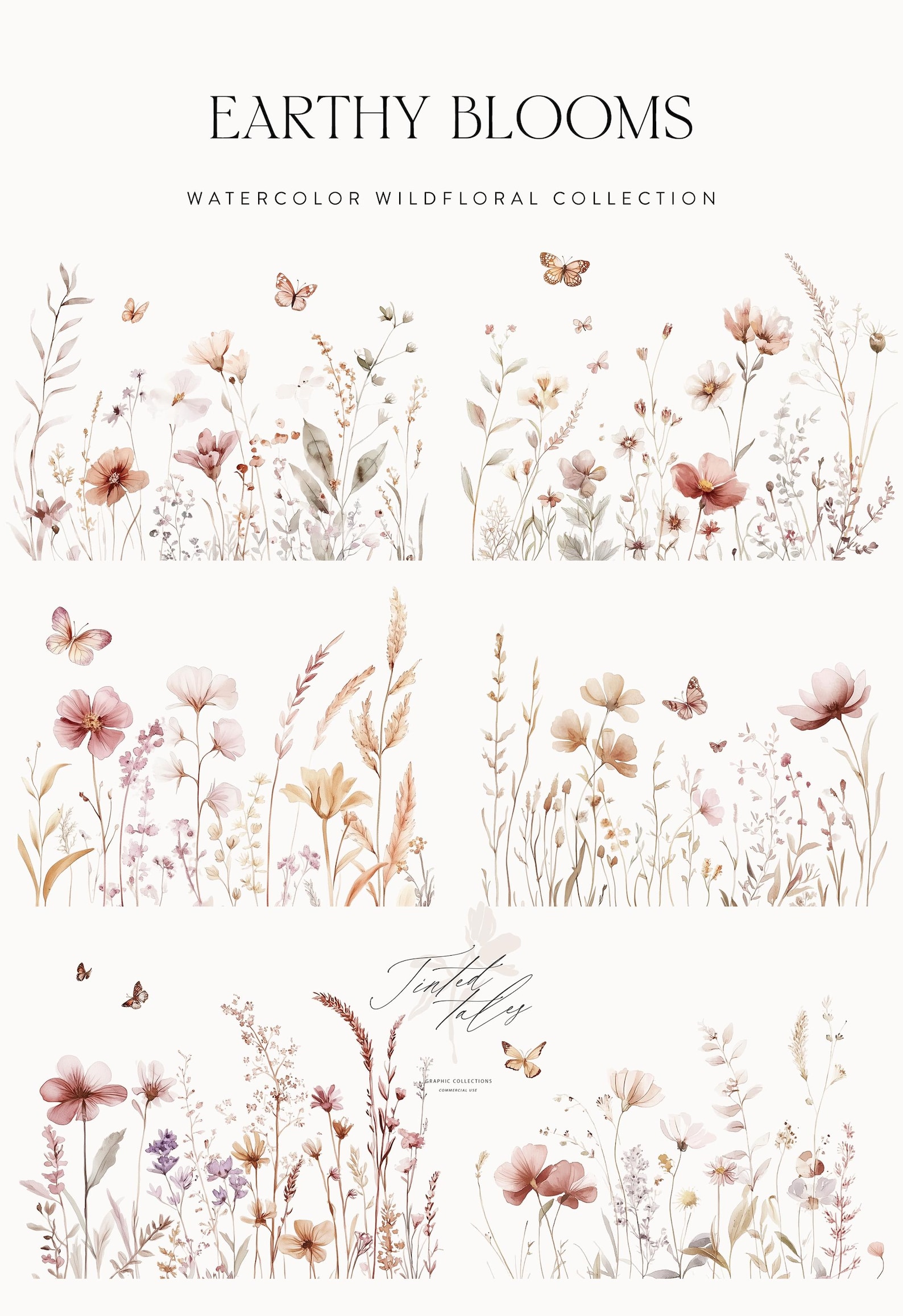 Watercolor Floral Borders: Earthy Wildflower Clipart (PNG, PDF) - Etsy