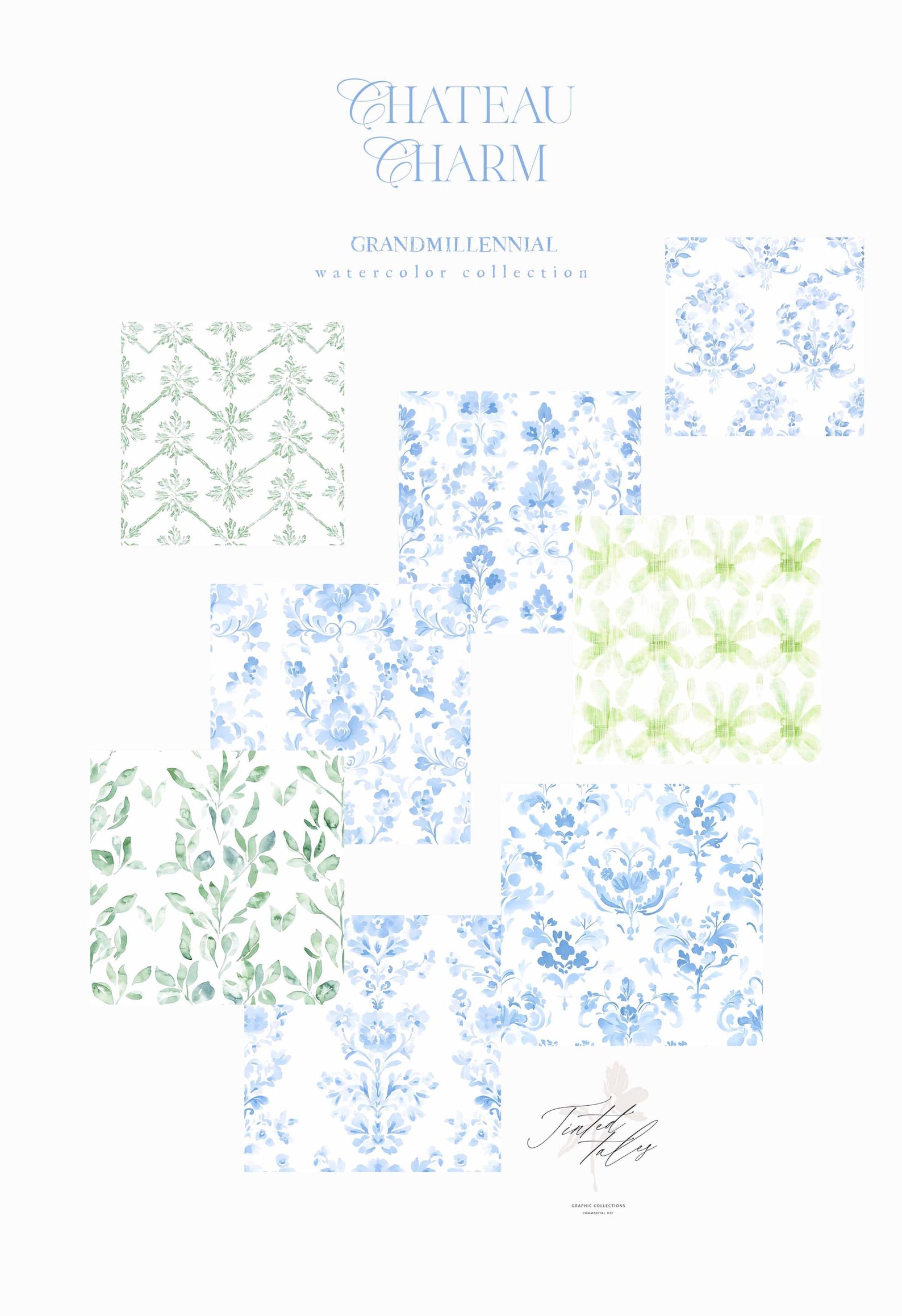 Watercolor Grandmillennial Clipart: Blue Floral Crests, Frames, Wreaths ...