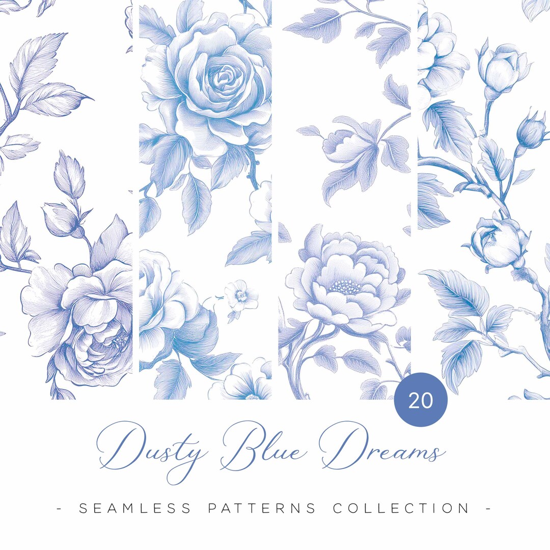 Chinoiserie Floral Seamless Patterns: Blue Vintage Clipart (JPG Digital ...
