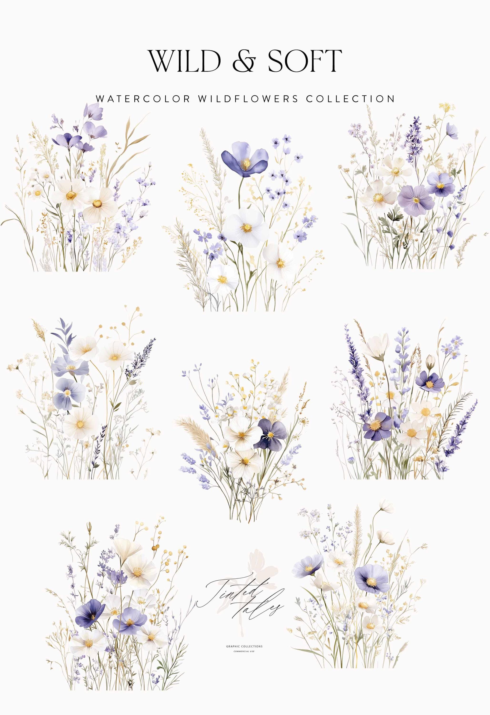Watercolor Floral Borders, Dusty Blue Wildflowers Border, White and ...