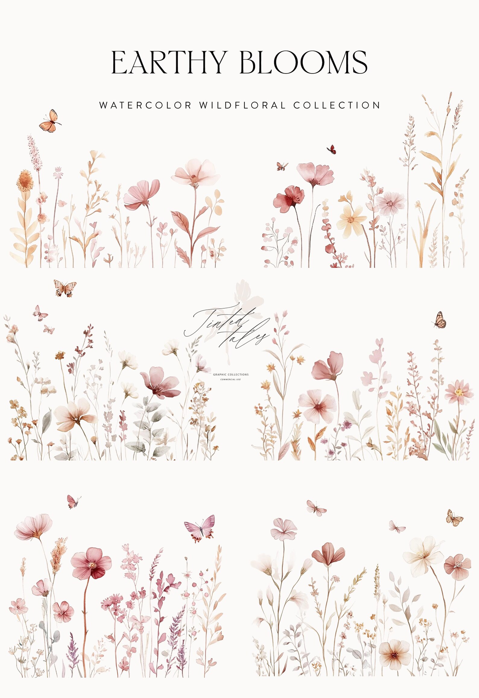Watercolor Floral Borders: Earthy Wildflower Clipart (PNG, PDF) - Etsy