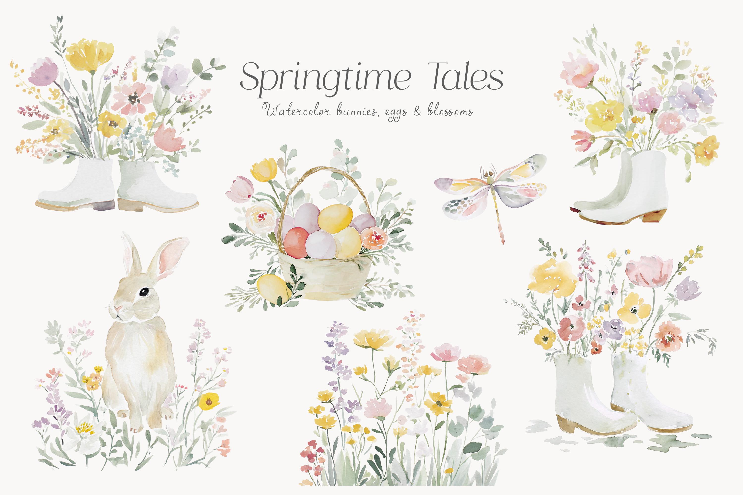 Springtime Watercolor Easter Set: Wildflowers, Bunnies, Baby Chicks ...