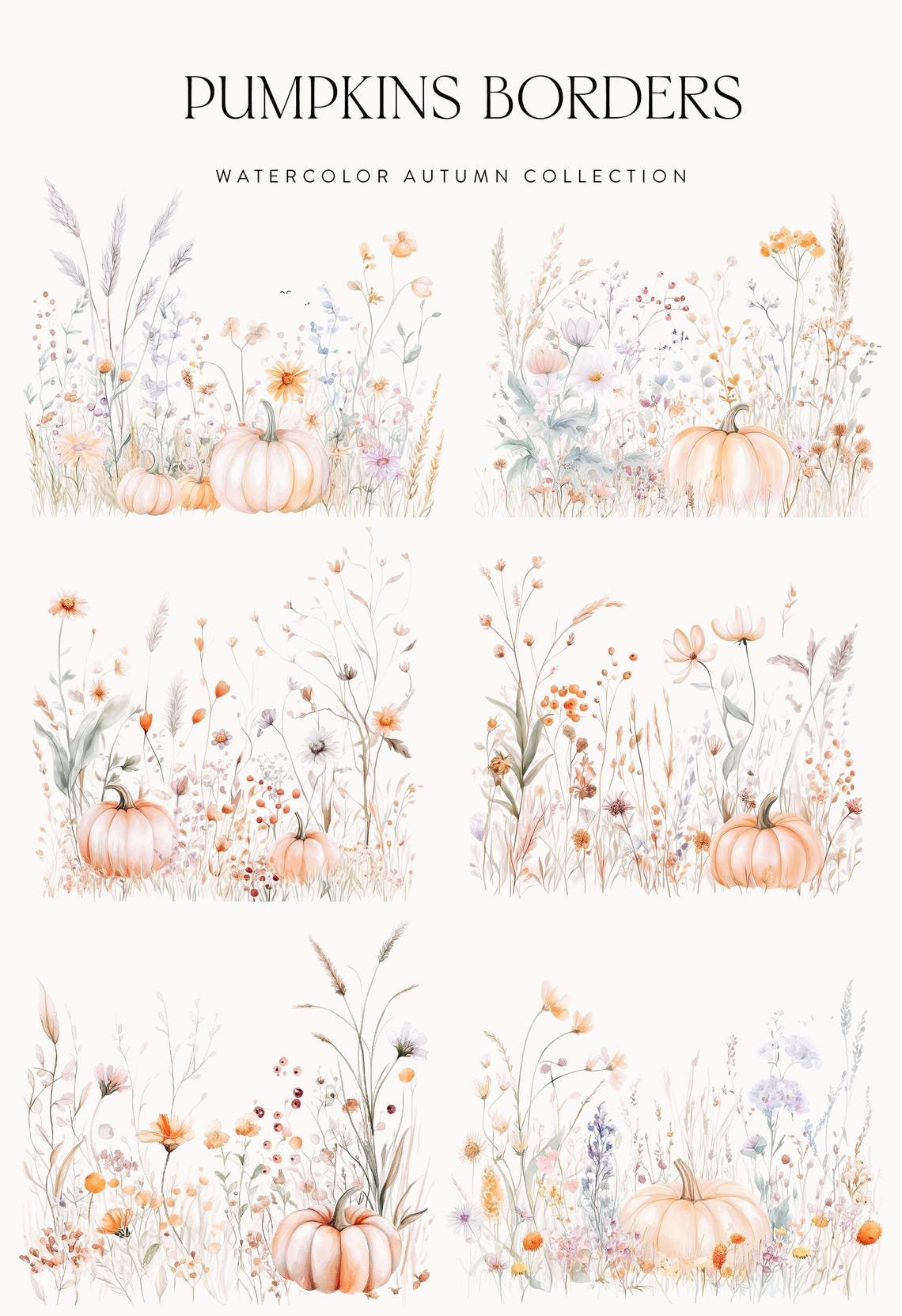 Watercolor Autumn Pumpkin Border Clipart: Floral Fall Design (digital ...